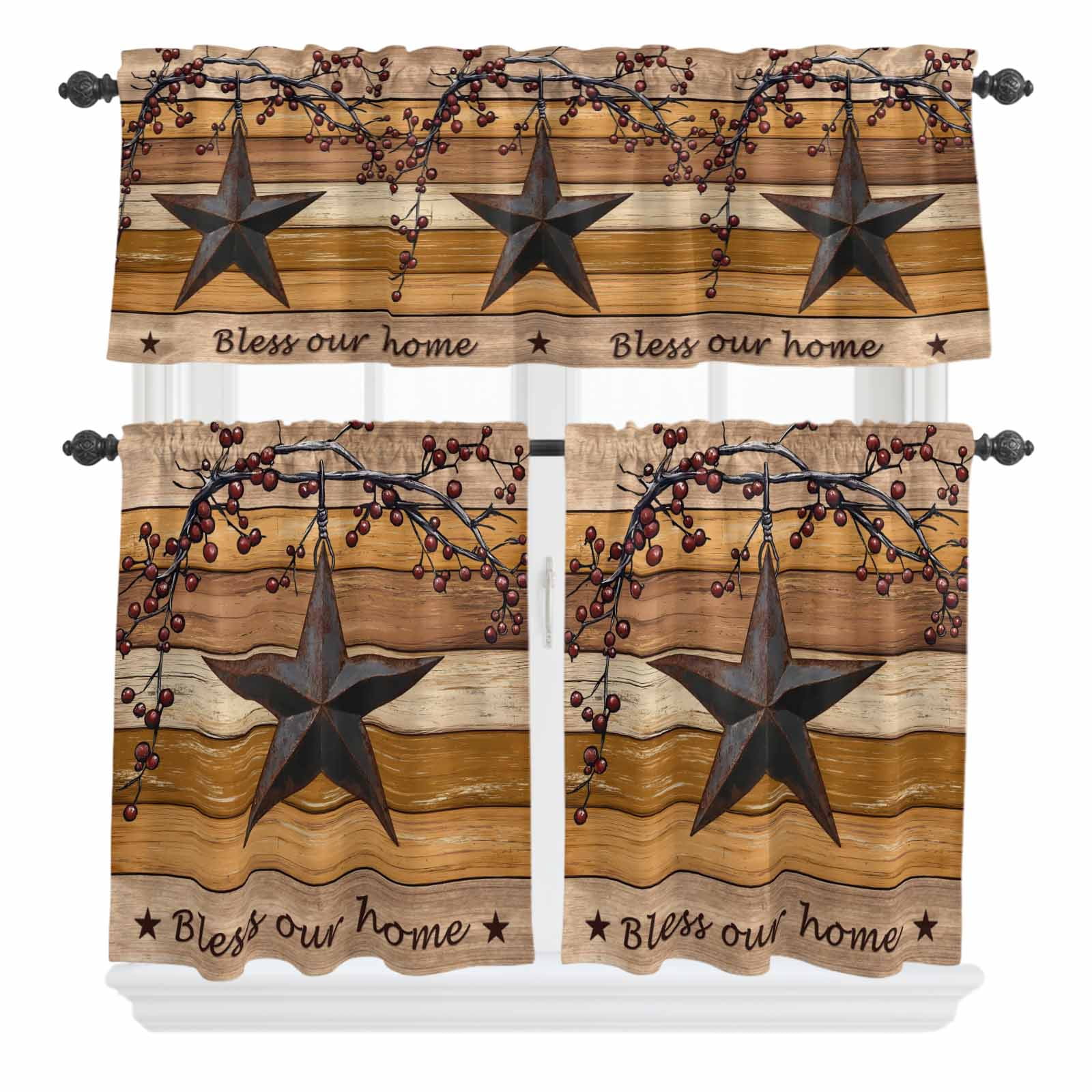 3 Piece Kitchen Curtains and Valances Set Texas Star Vintage Cafe ...