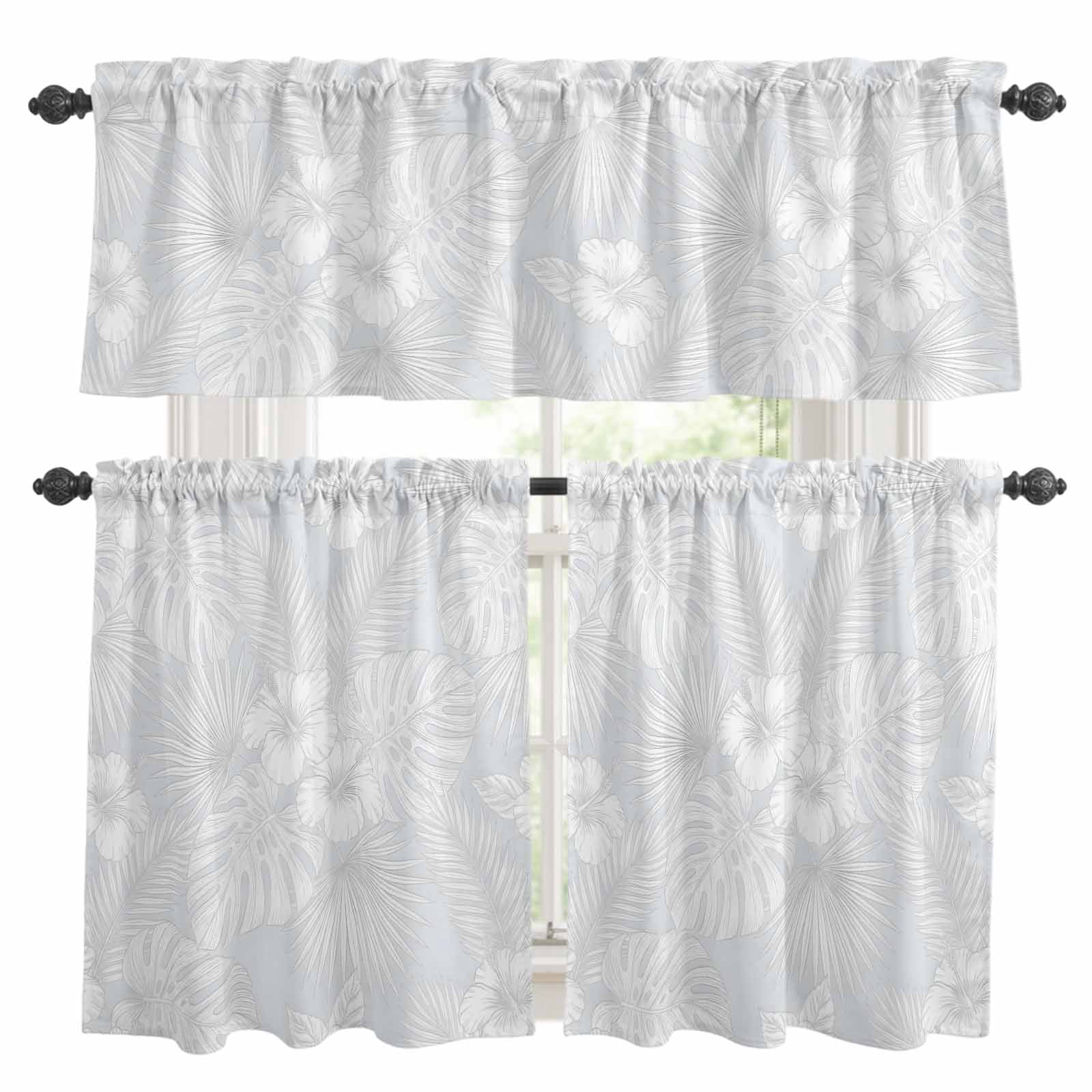 3 Piece Kitchen Curtains and Valances Set Tropical Leaves Cafe Curtains ...
