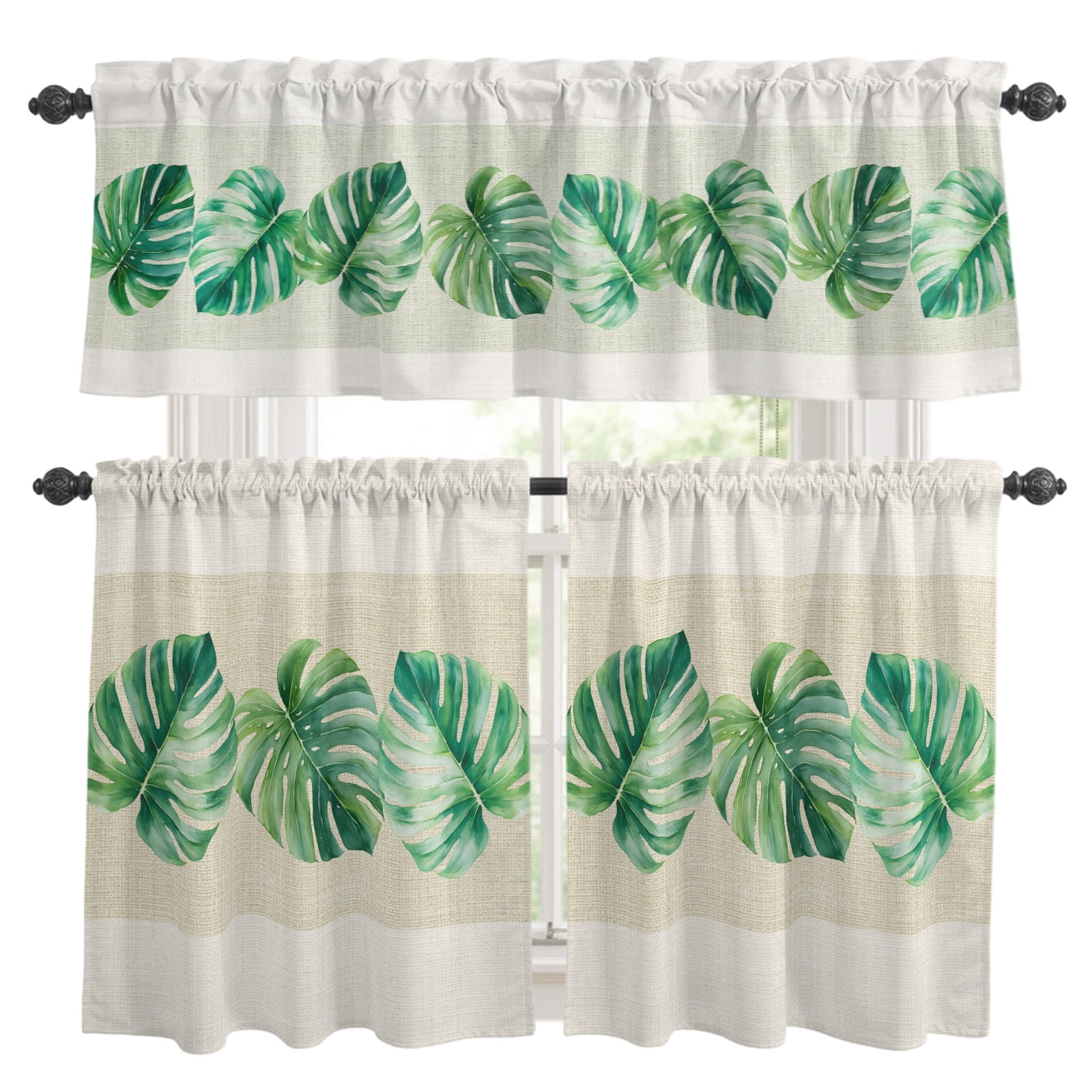3 Piece Kitchen Curtains and Valances Set Tropical Leaves Cafe Curtains ...