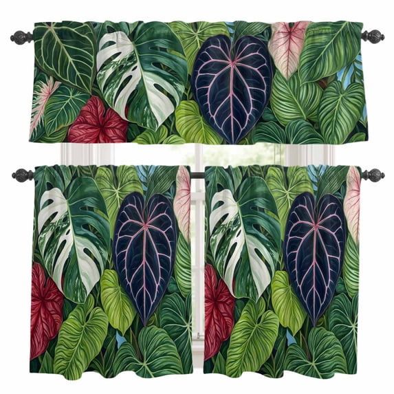 3 Piece Kitchen Curtains and Valances Set Tropical Monstera Leaves Cafe ...