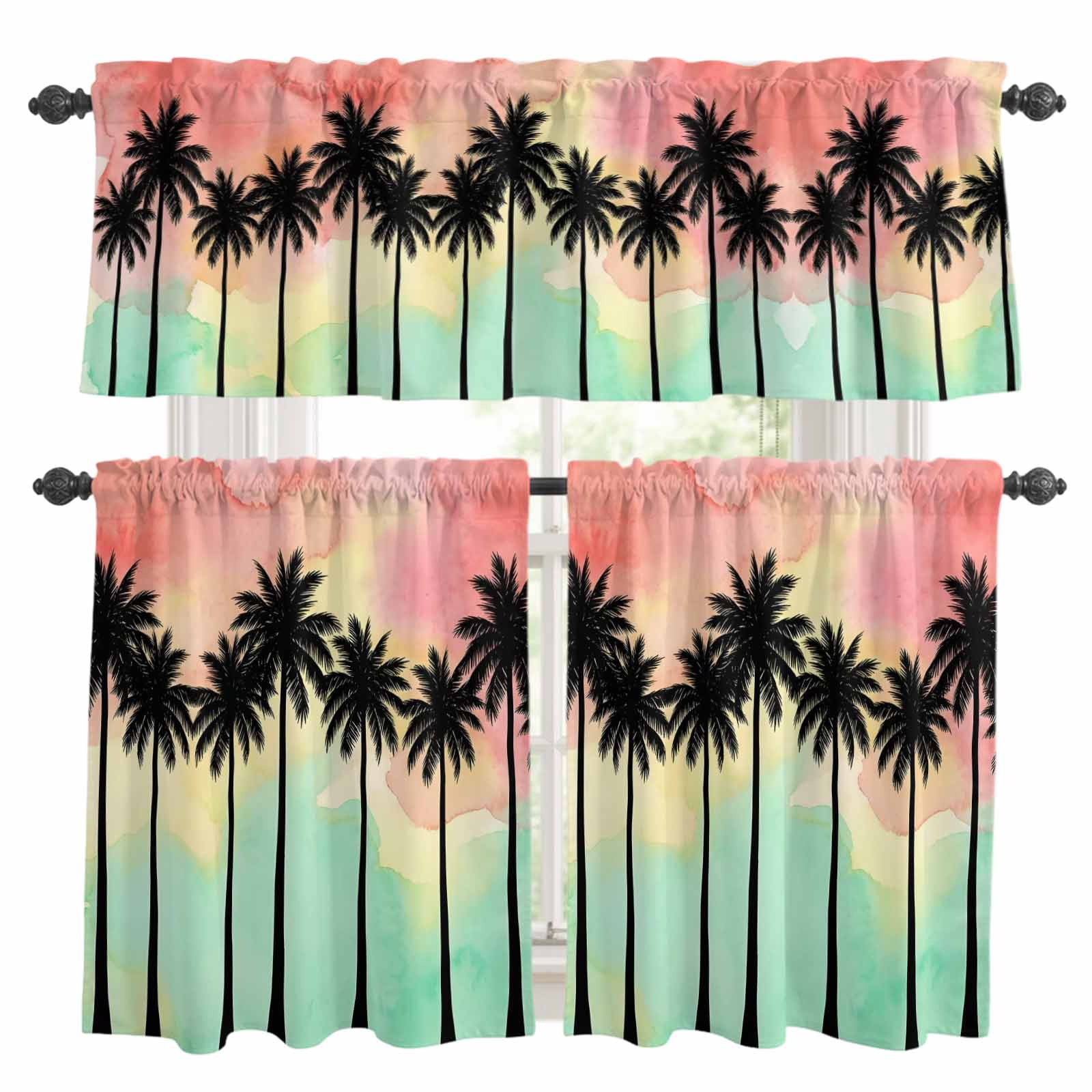 3 Piece Kitchen Curtains and Valances Set Tropical Palm Tree Cafe ...