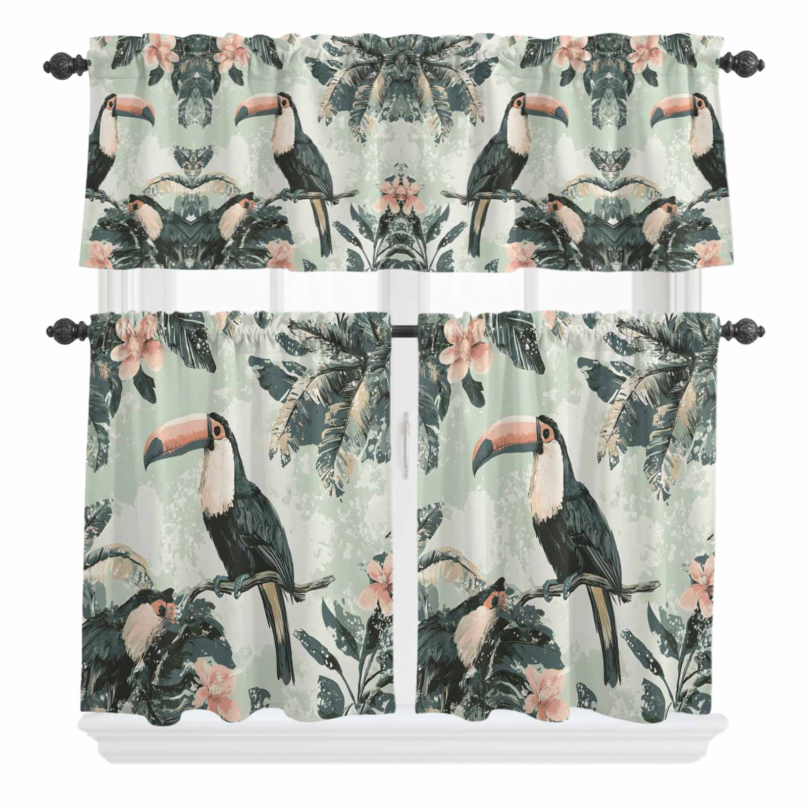 3 Piece Kitchen Curtains and Valances Set Tropical Parrot Cafe Curtains ...