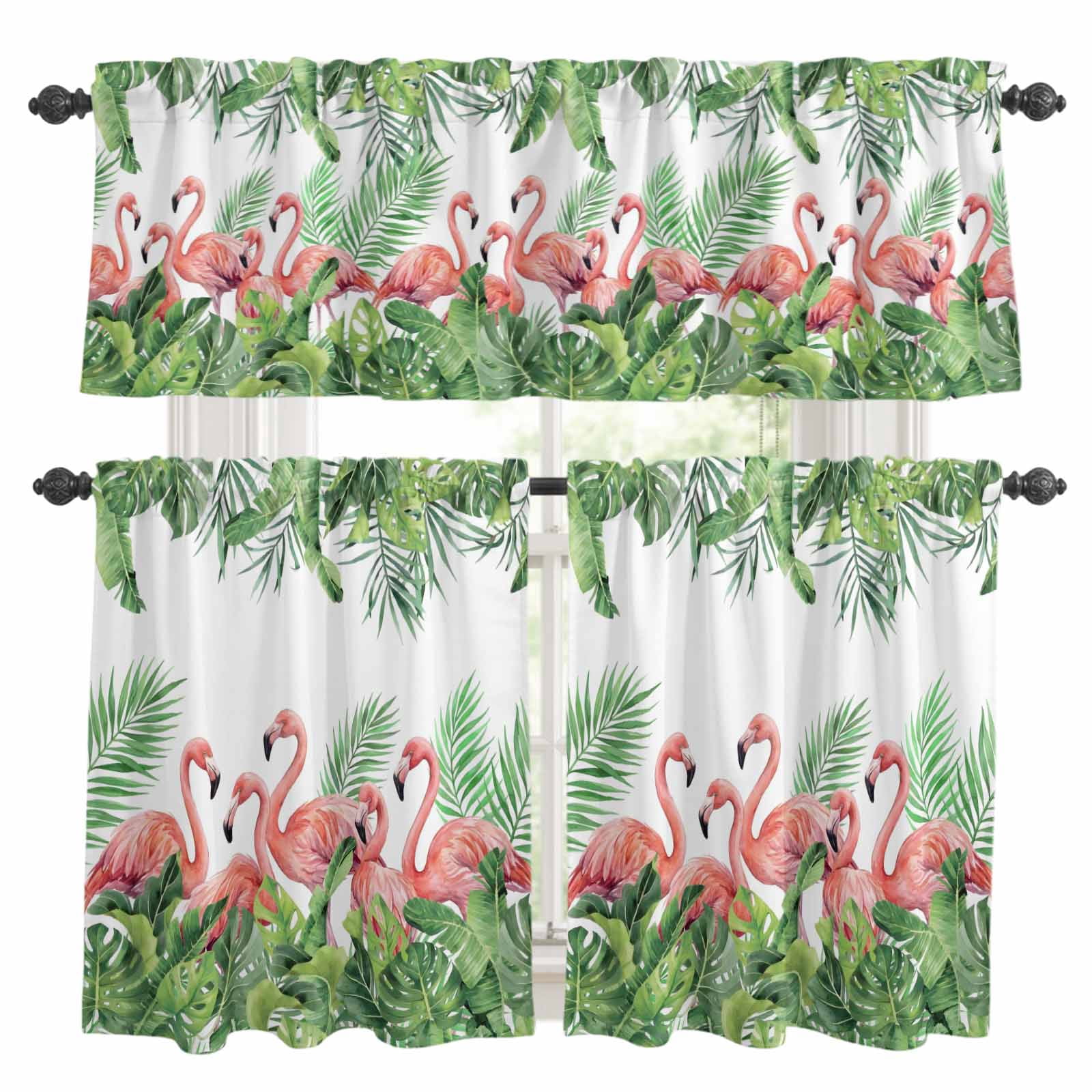 3 Piece Kitchen Curtains and Valances Set Tropical Pink Flamingo Cafe ...