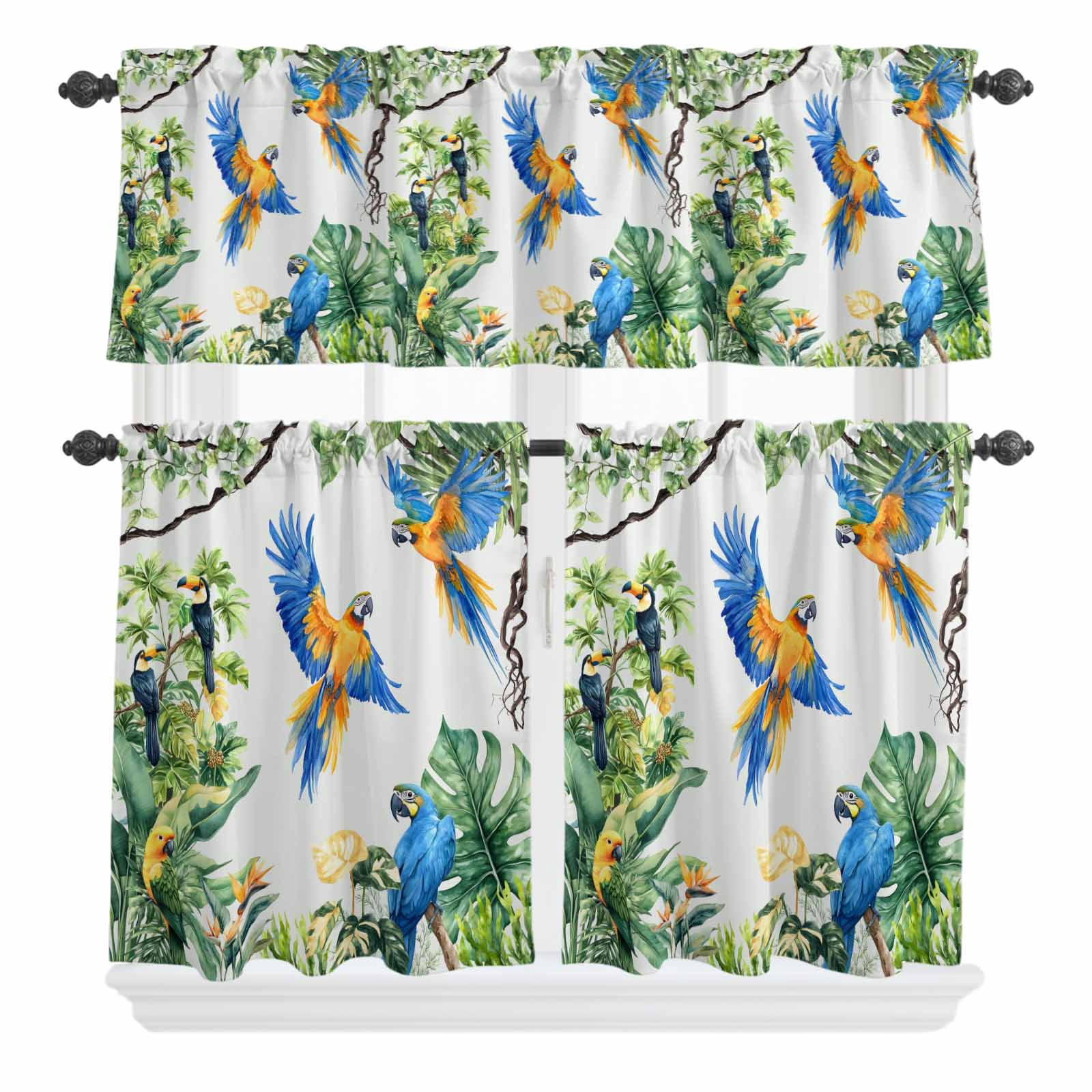 3 Piece Kitchen Curtains and Valances Set Tropical Toucan Parrot Cafe ...