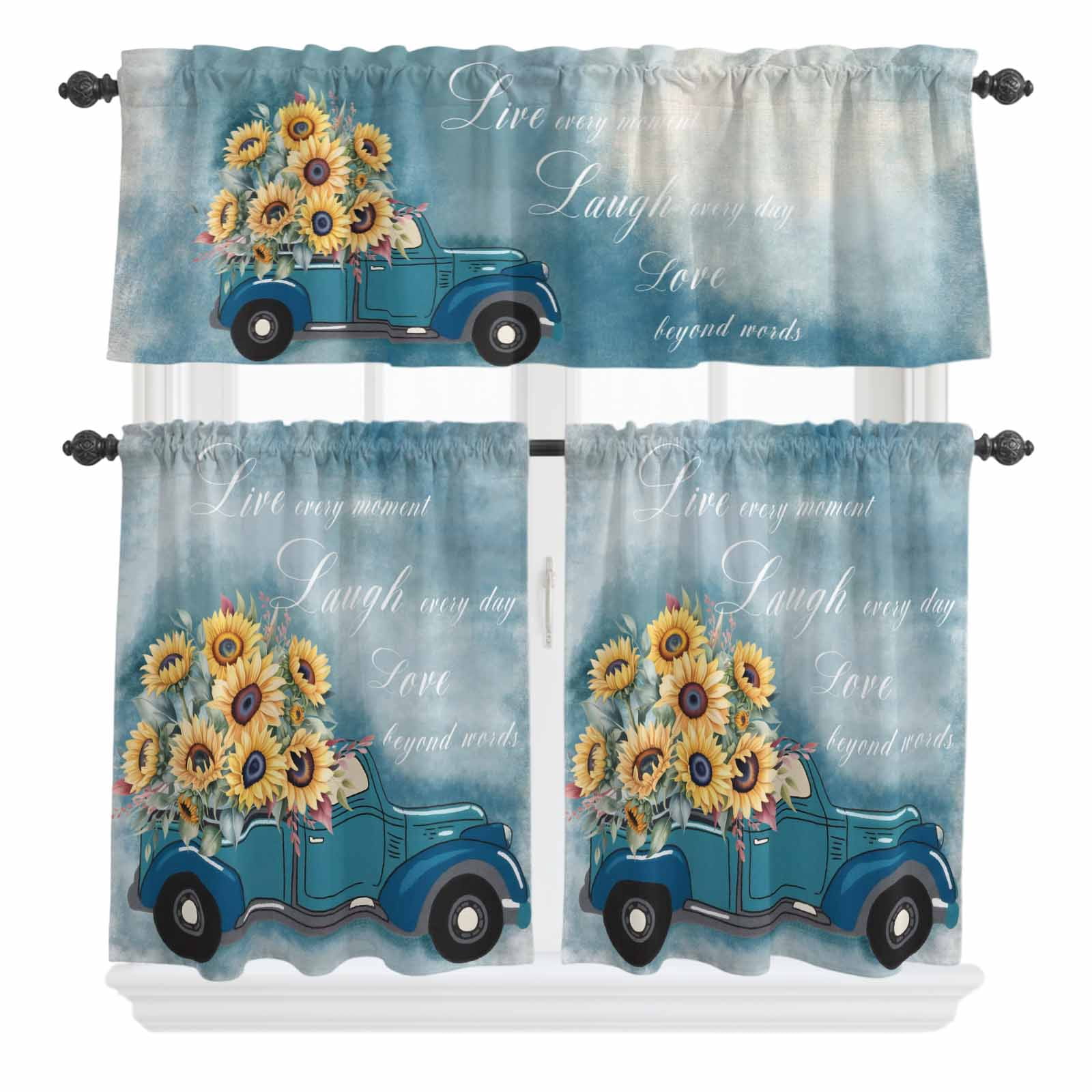 3 Piece Kitchen Curtains and Valances Set Truck Sunflowers Cafe ...