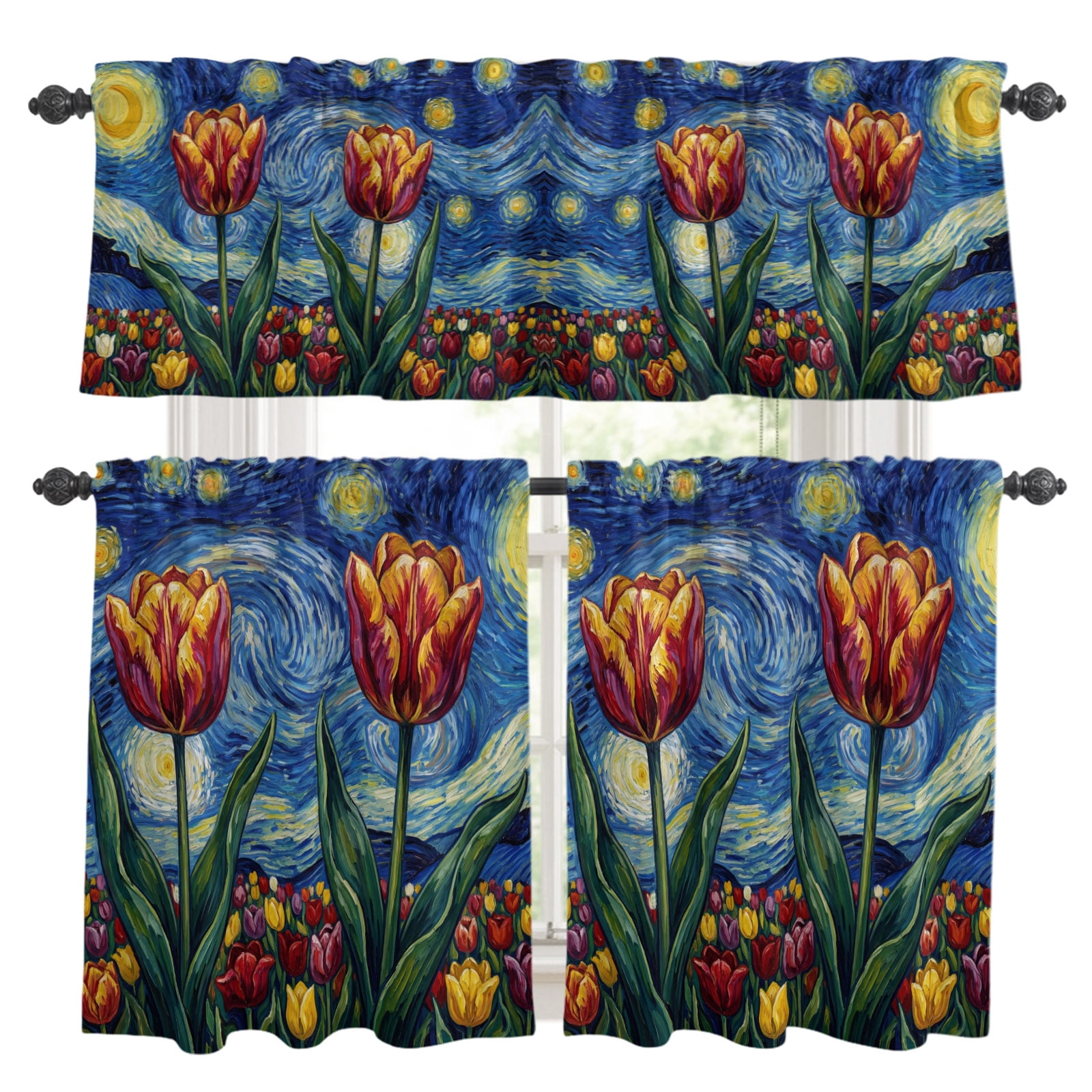 3 Piece Kitchen Curtains and Valances Set Tulip Starry Sky Cafe ...