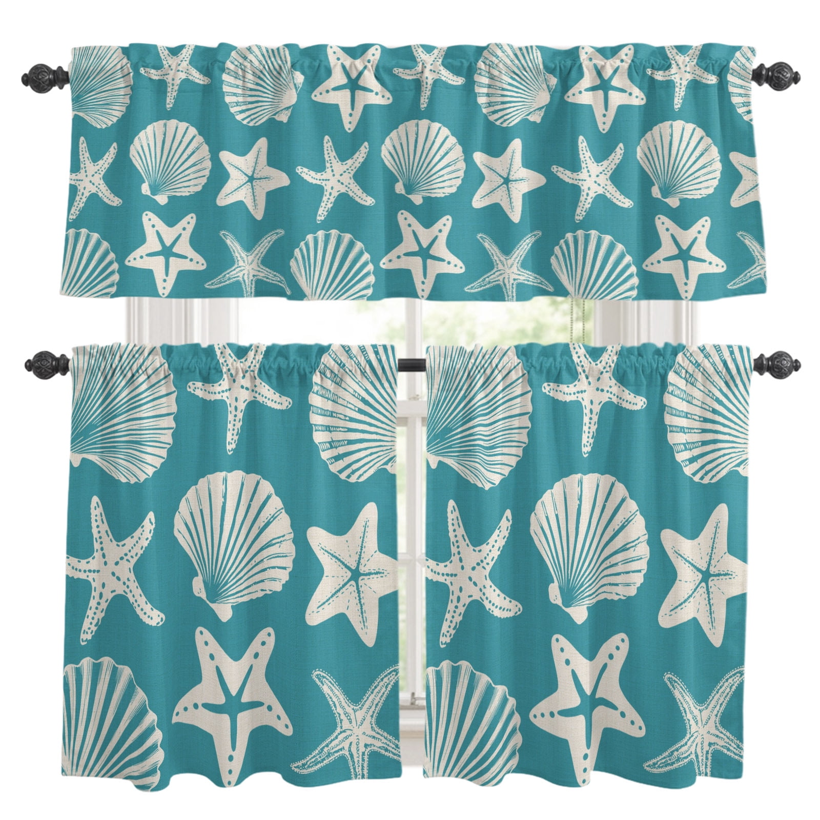 3 Piece Kitchen Curtains and Valances Set Turquoise Coastal Starfish ...