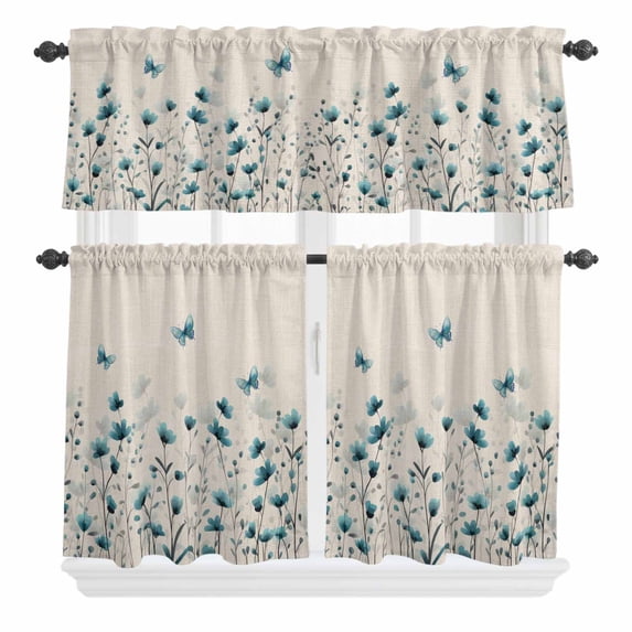 3 Piece Kitchen Curtains and Valances Set Turquoise Floral Butterfly ...