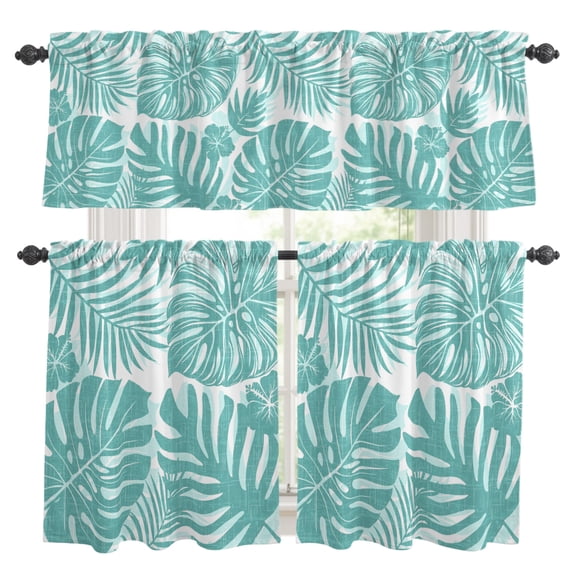 3 Piece Kitchen Curtains and Valances Set Turquoise Monstera Cafe ...
