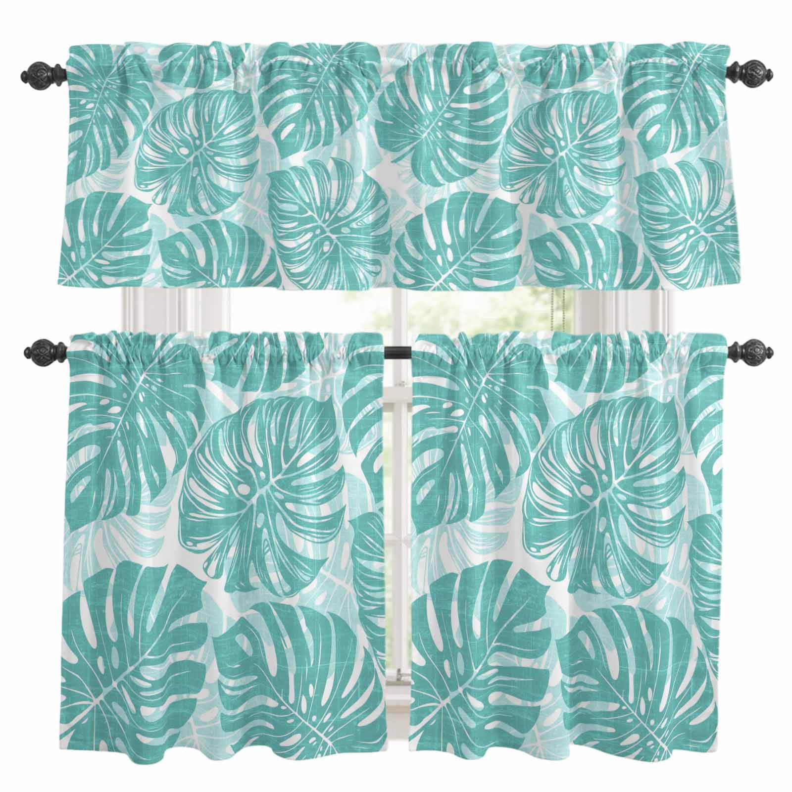 3 Piece Kitchen Curtains and Valances Set Turquoise Monstera Deliciosa ...
