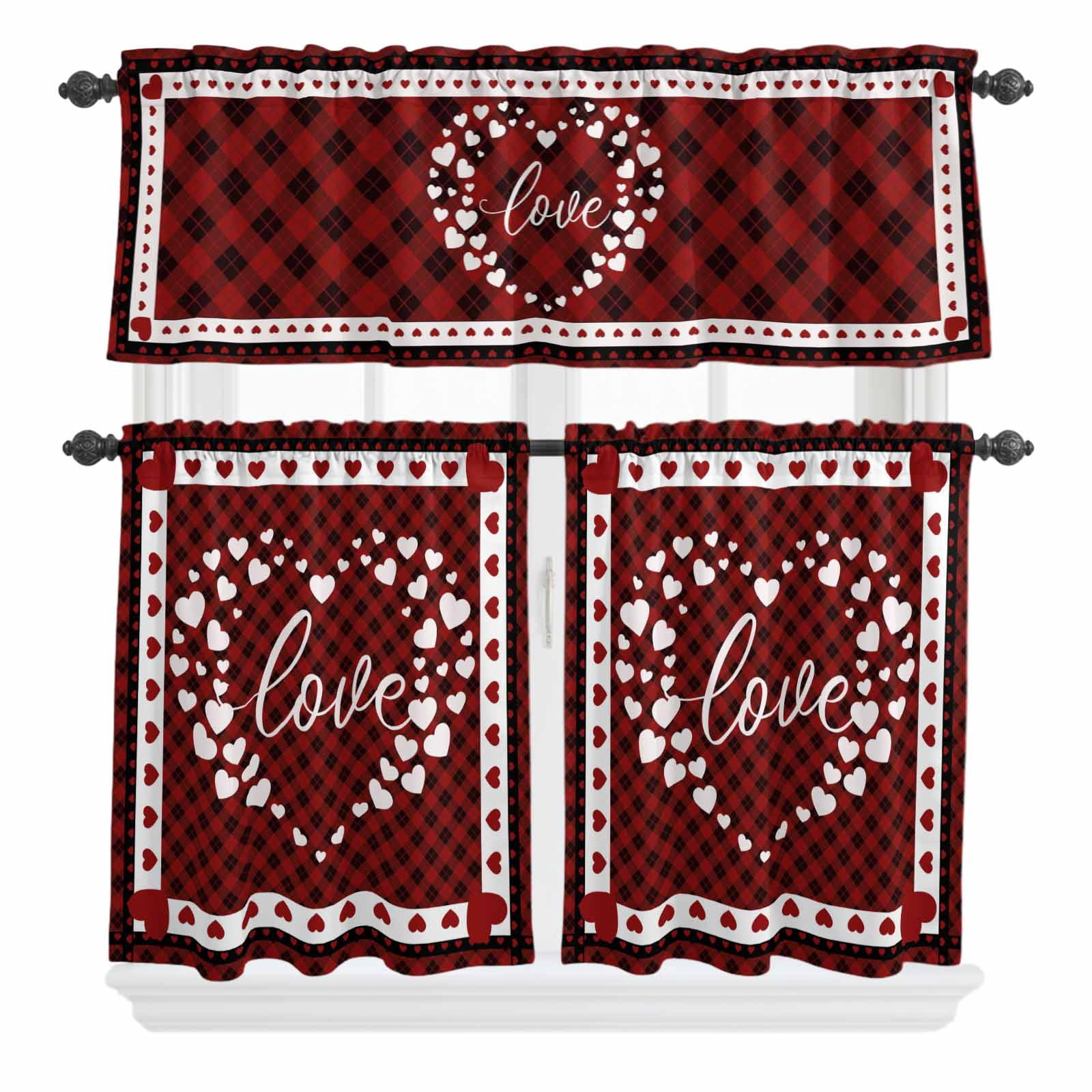 3 Piece Kitchen Curtains and Valances Set Valentine's Day Cafe Curtains ...