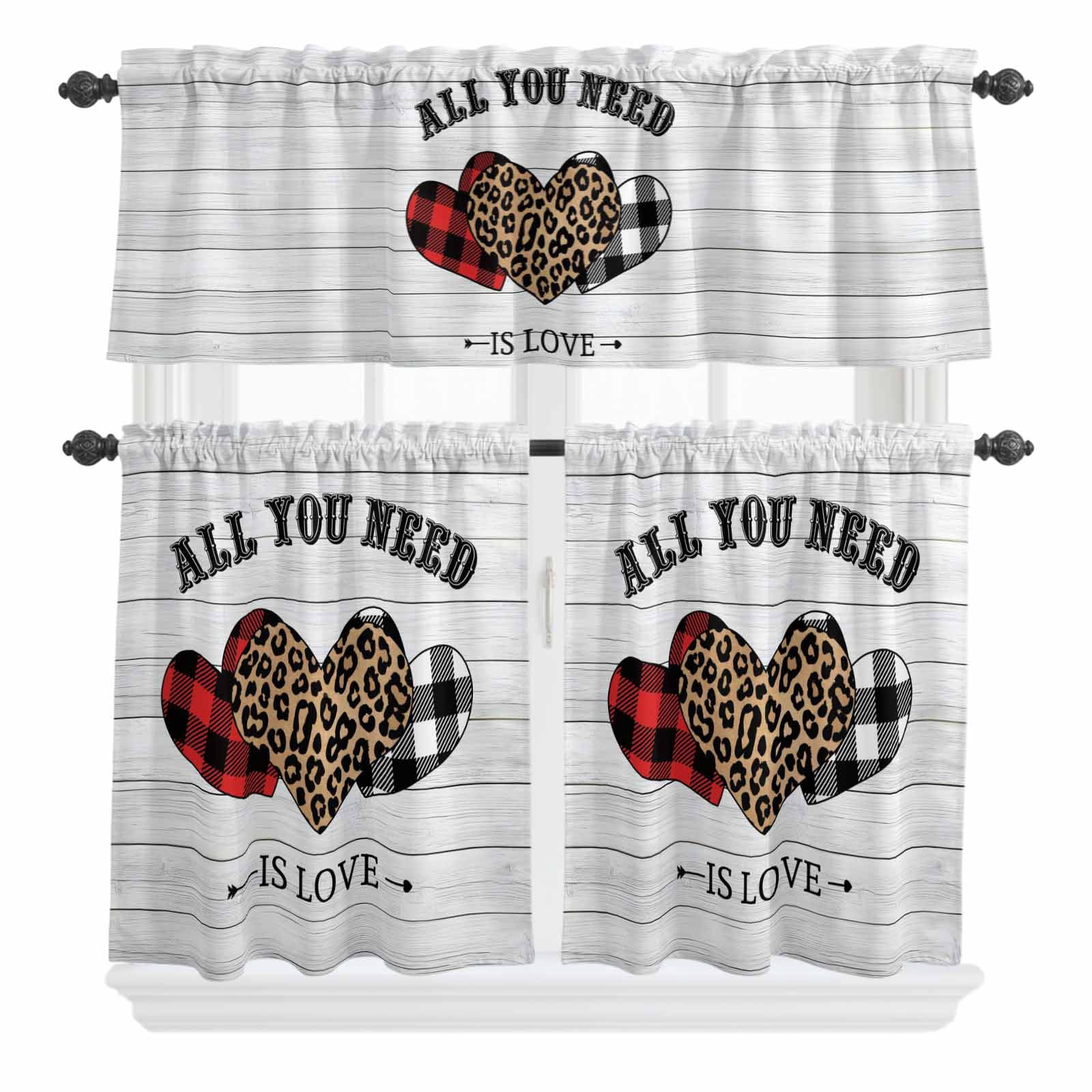 3 Piece Kitchen Curtains and Valances Set Valentine's Day Cafe Curtains ...