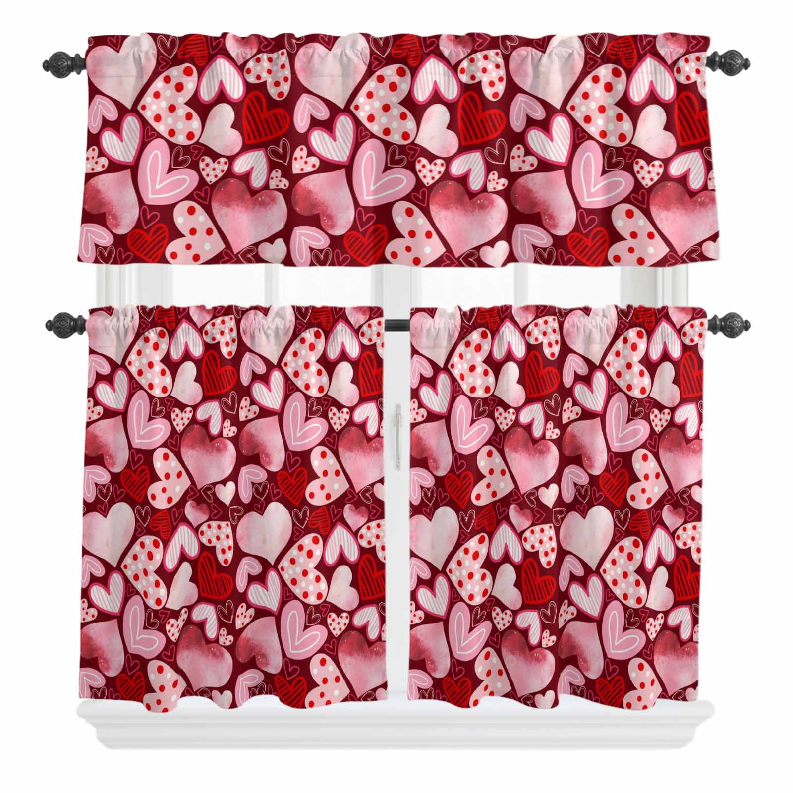 3 Piece Kitchen Curtains and Valances Set Valentine's Day Cafe Curtains ...