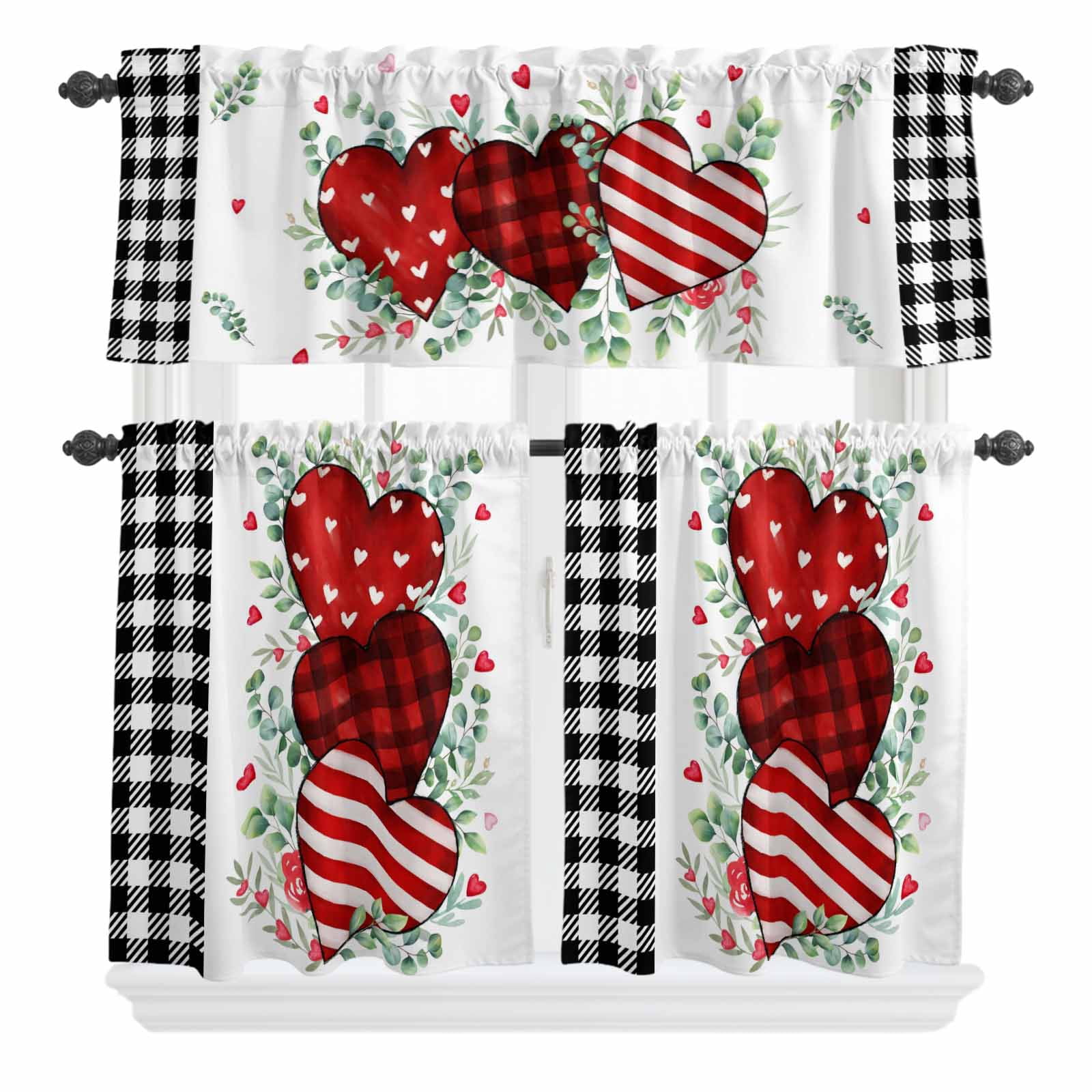 3 Piece Kitchen Curtains and Valances Set Valentine's Day Cafe Curtains ...