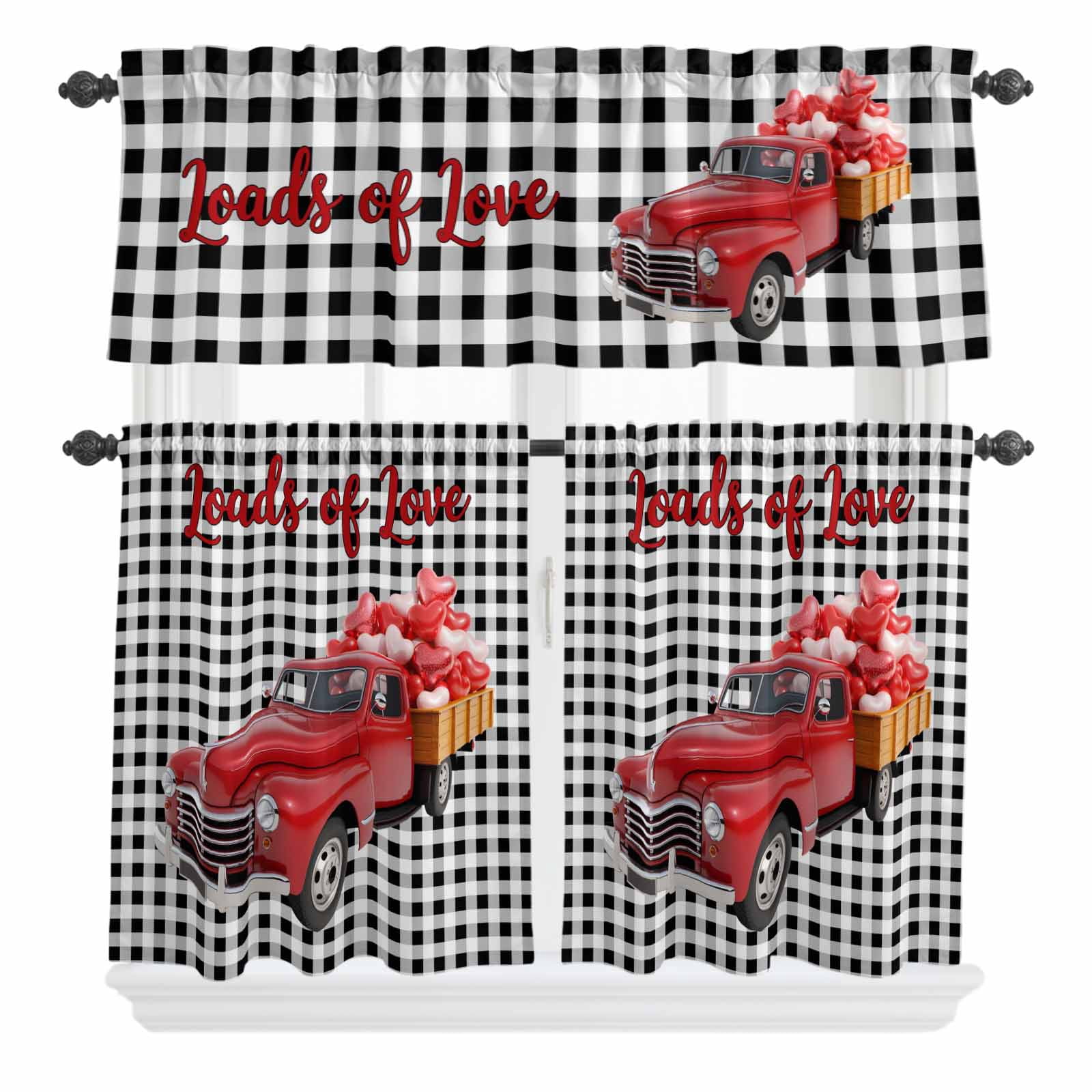 3 Piece Kitchen Curtains and Valances Set Valentine's Day Cafe Curtains ...