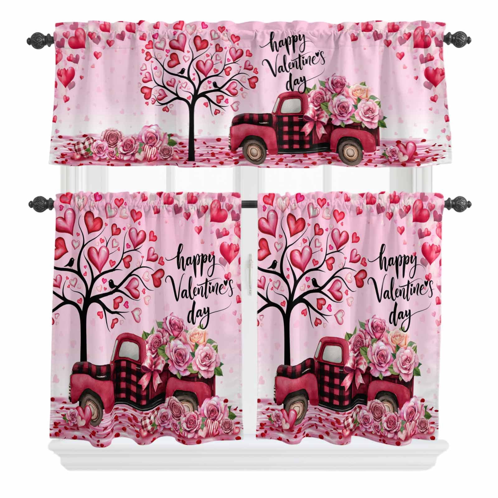 3 Piece Kitchen Curtains and Valances Set Valentine's Day Cafe Curtains ...