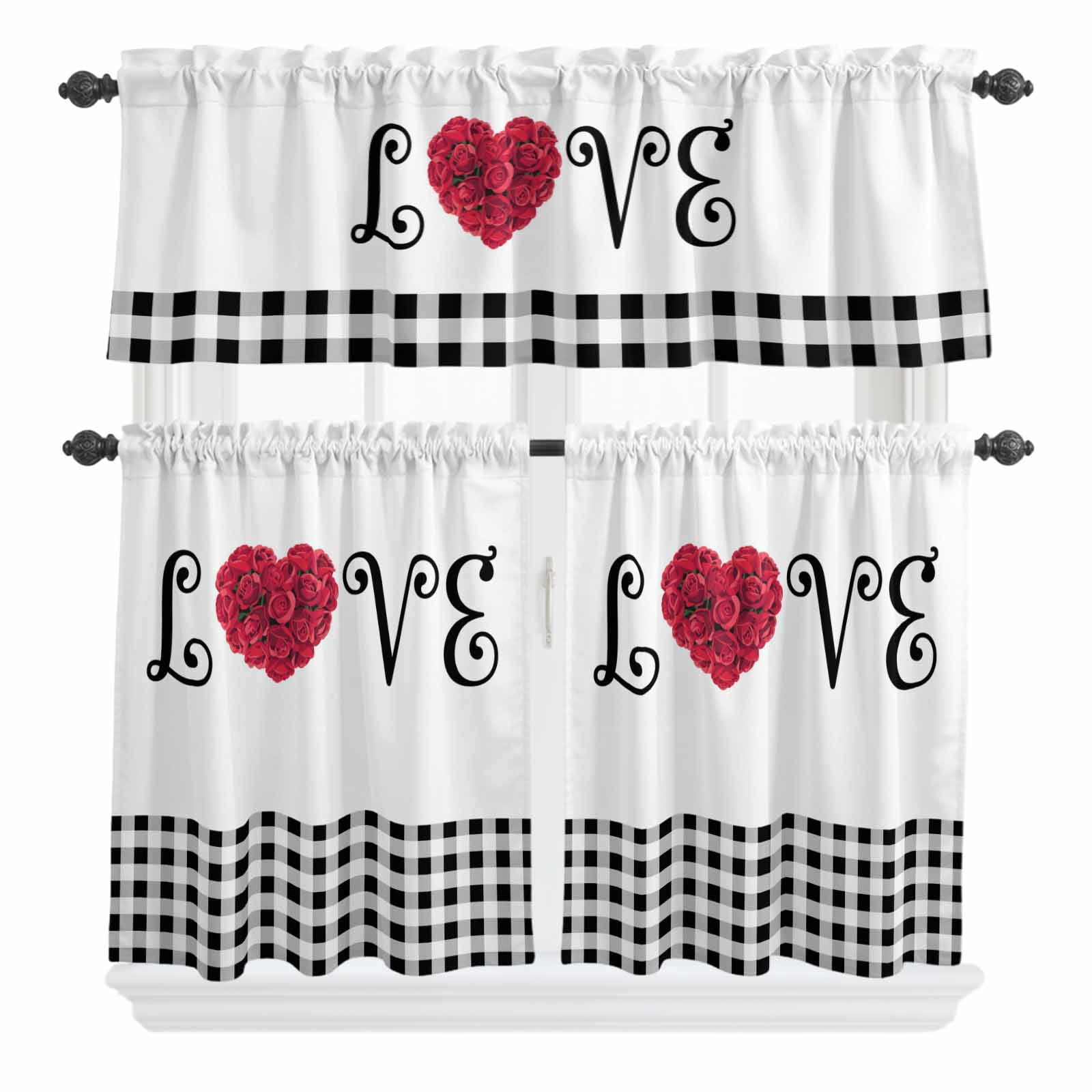 3 Piece Kitchen Curtains and Valances Set Valentine's Day Cafe Curtains ...