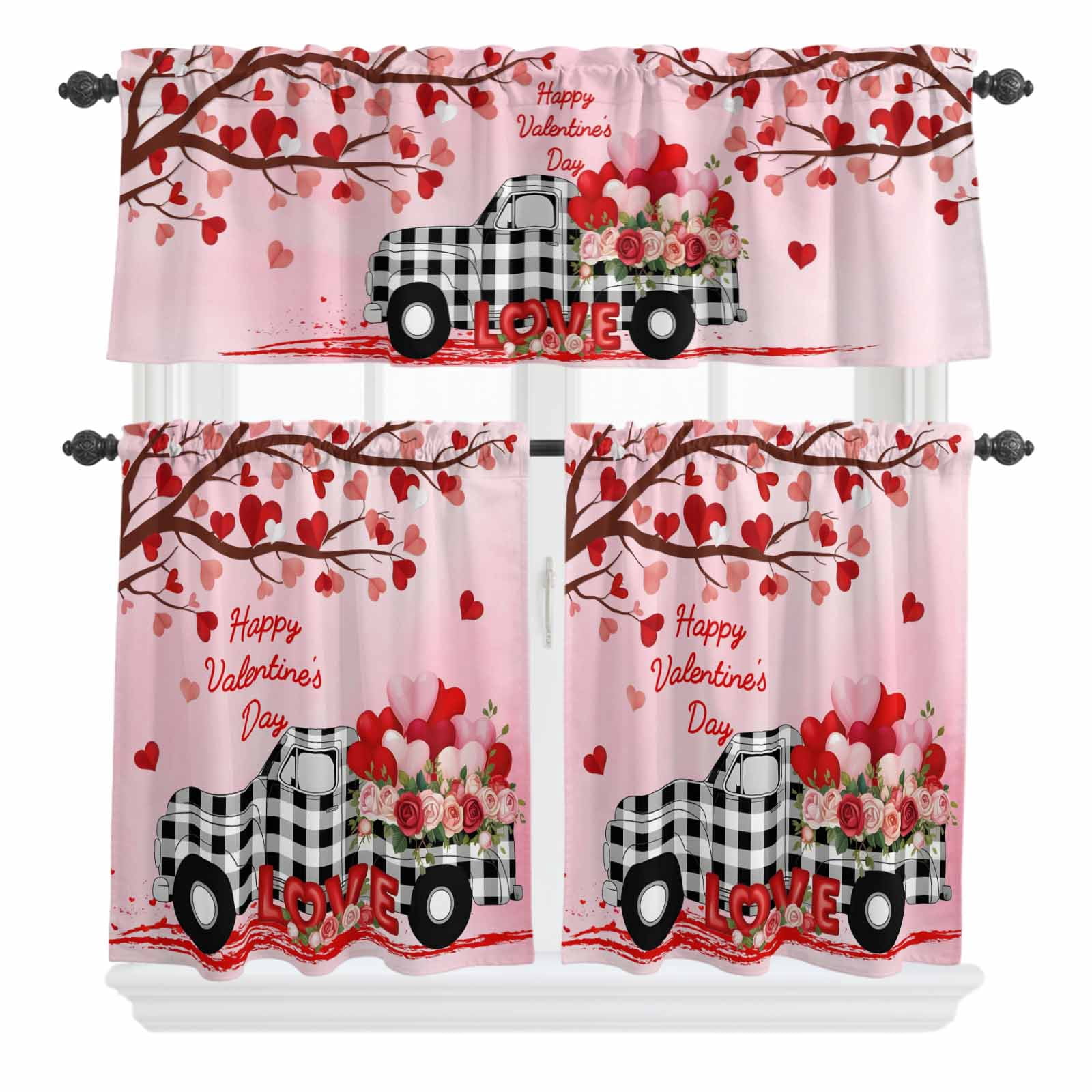 3 Piece Kitchen Curtains and Valances Set Valentine's Day Cafe Curtains ...