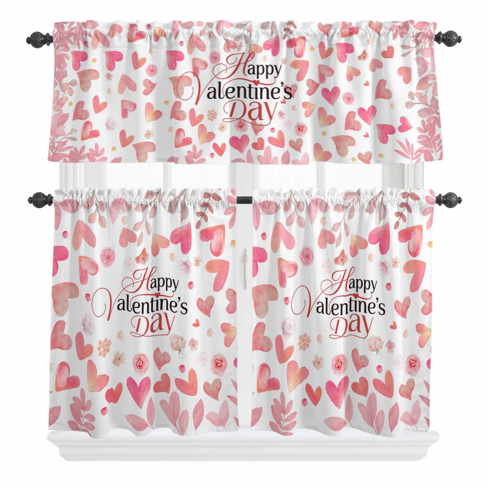 3 Piece Kitchen Curtains and Valances Set Valentine's Day Cafe Curtains ...