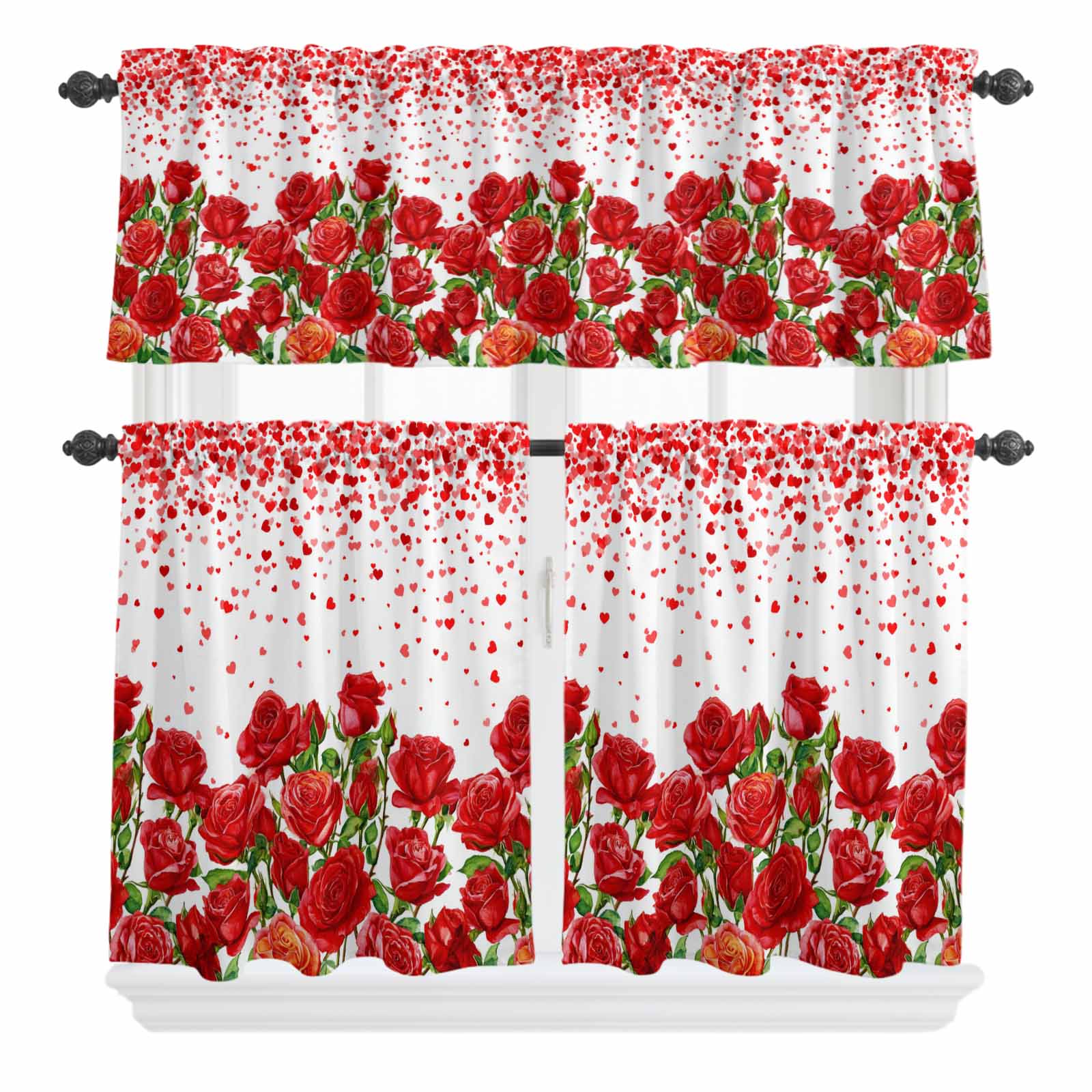 3 Piece Kitchen Curtains and Valances Set Valentine's Day Cafe Curtains ...