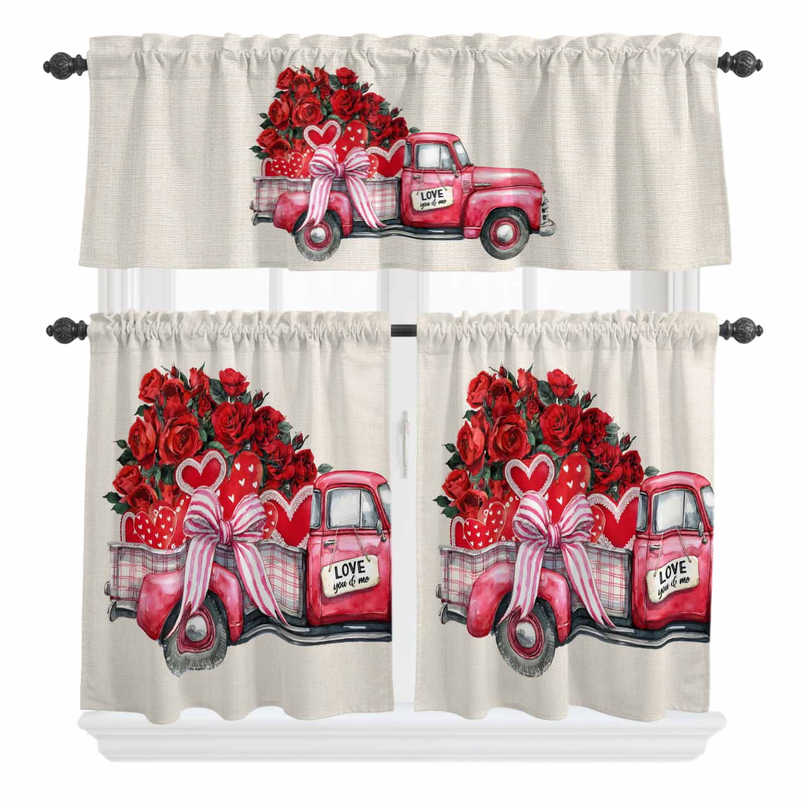 3 Piece Kitchen Curtains and Valances Set Valentine's Day Cafe Curtains ...