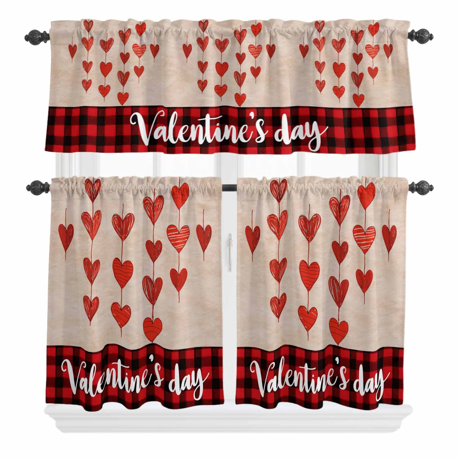 3 Piece Kitchen Curtains and Valances Set Valentine's Day Cafe Curtains ...