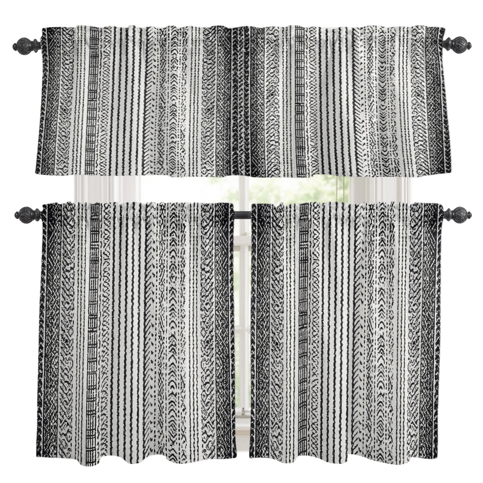 3 Piece Kitchen Curtains and Valances Set Vintage Black Boho Cafe ...