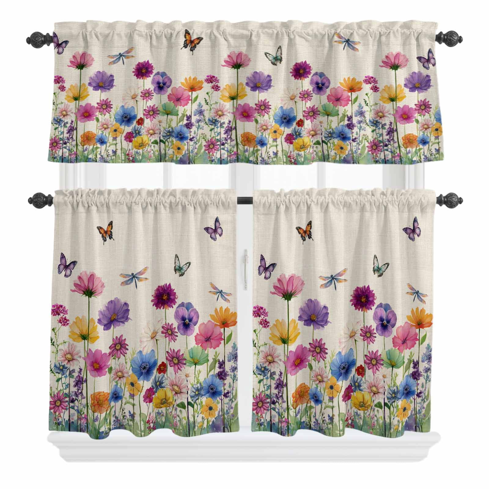 3 Piece Kitchen Curtains and Valances Set Vintage Flowers Cafe Curtains ...