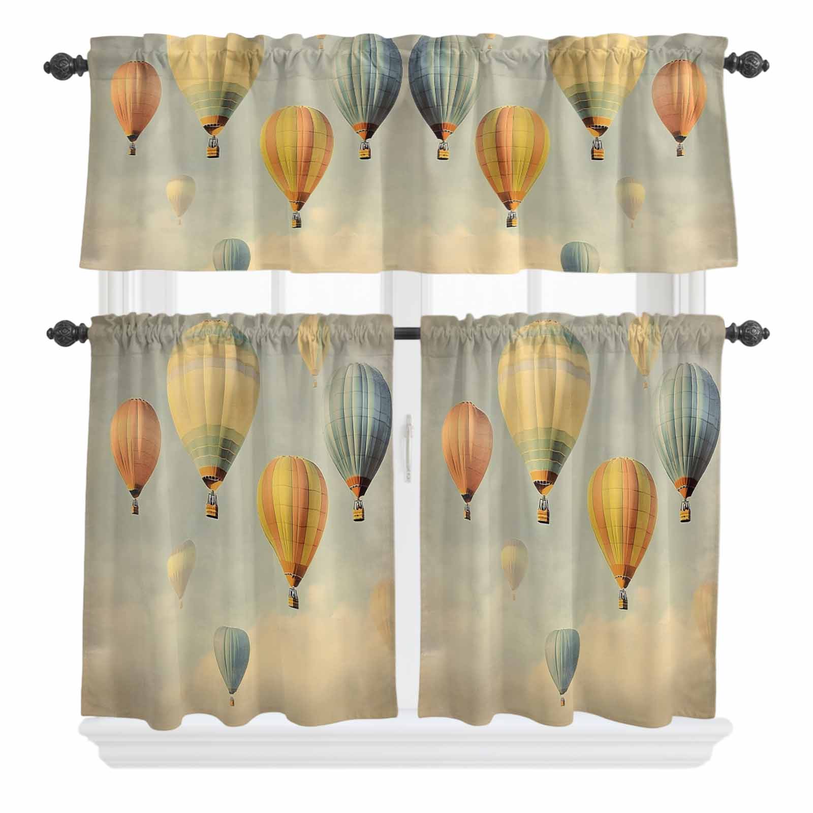 3 Piece Kitchen Curtains and Valances Set Vintage Hot Air Balloon Cafe ...