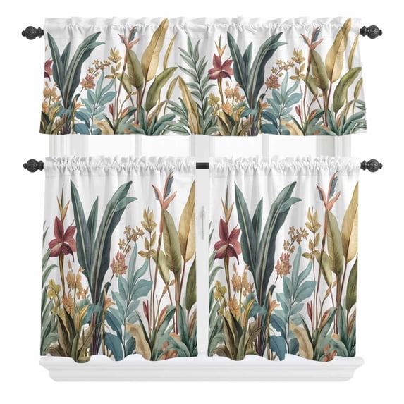 3 Piece Kitchen Curtains and Valances Set Vintage Leaves Floral Cafe ...