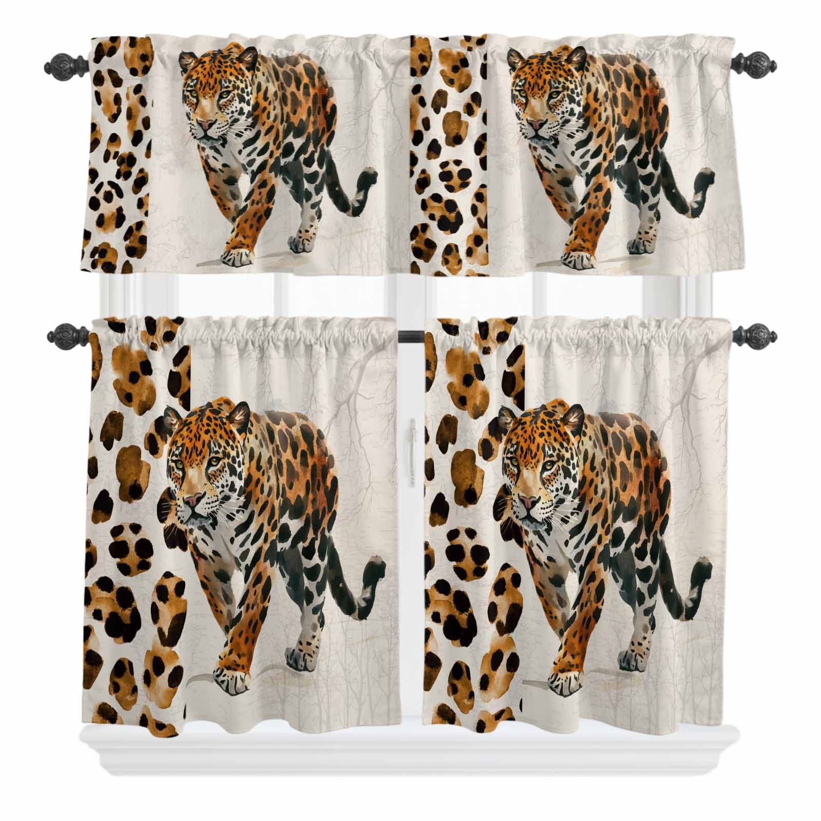3 Piece Kitchen Curtains and Valances Set Vintage Leopard Cafe Curtains ...