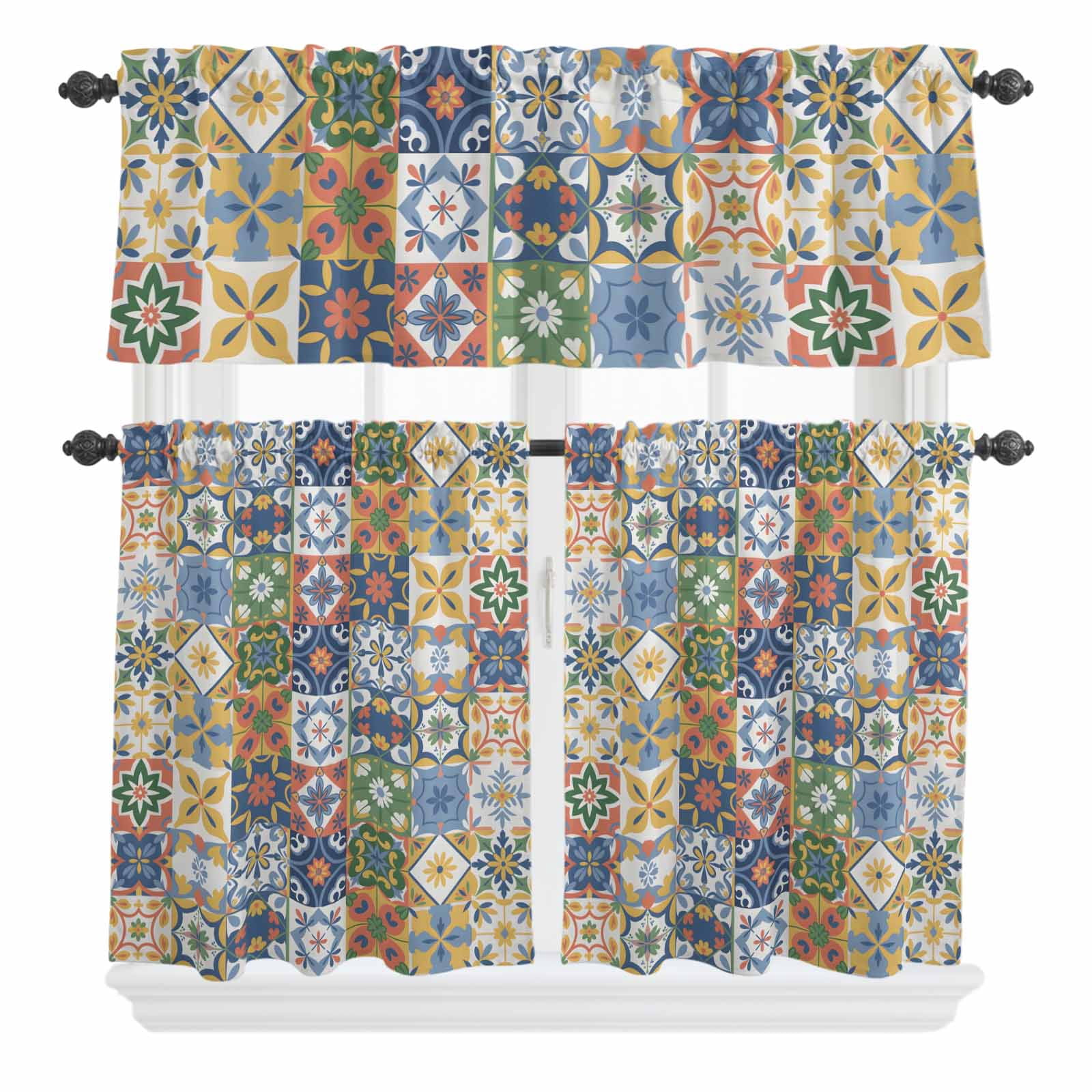3 Piece Kitchen Curtains and Valances Set Vintage Mediterranean Cafe ...