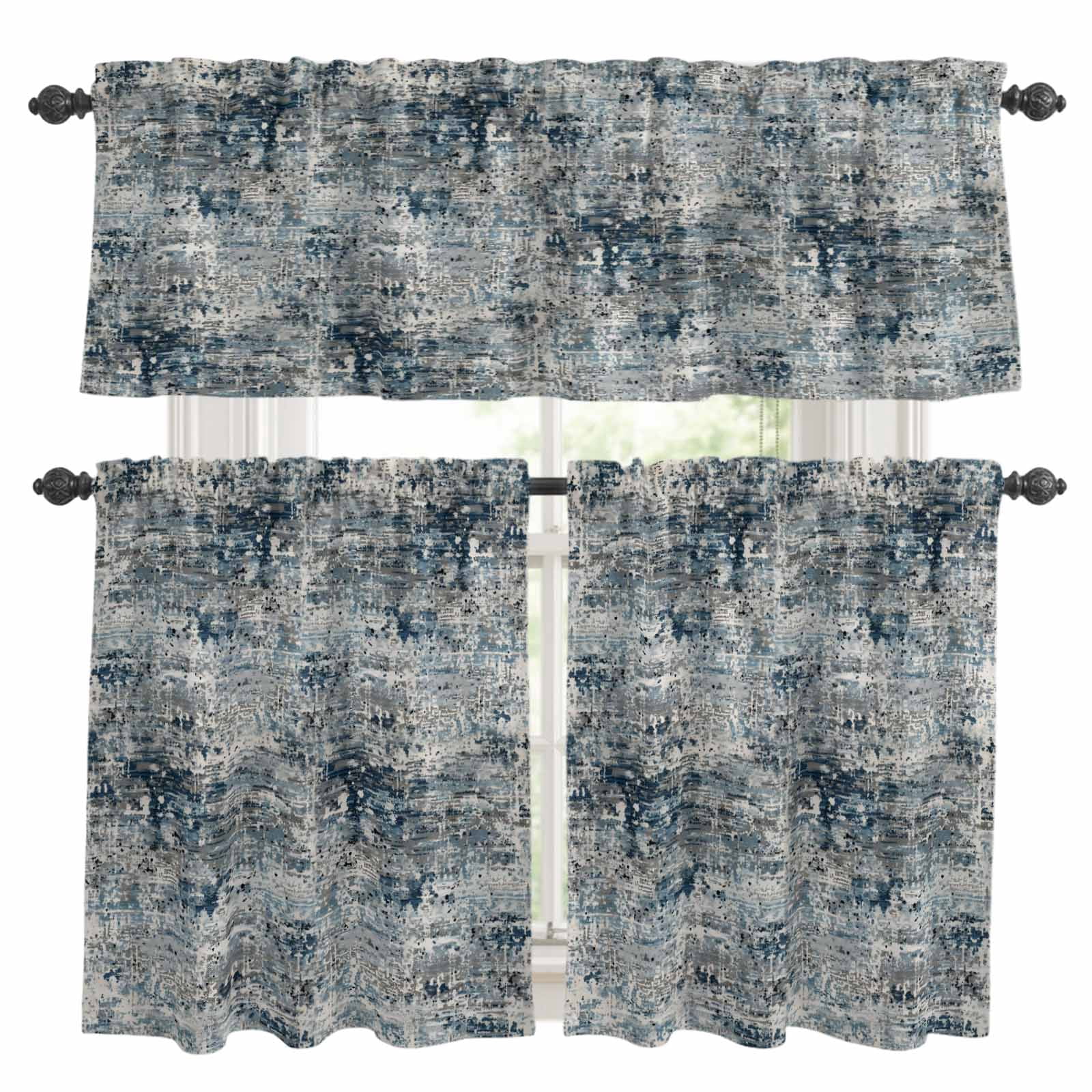 3 Piece Kitchen Curtains and Valances Set Vintage Navy Blue Grey Cafe ...