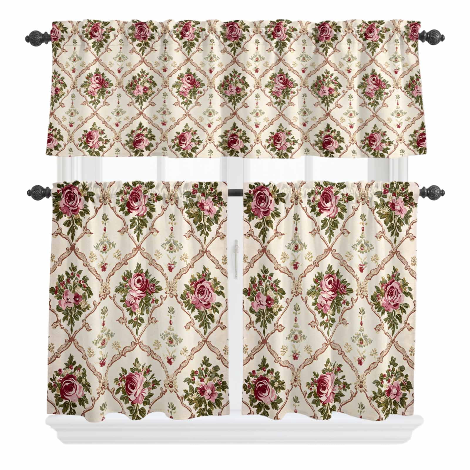 3 Piece Kitchen Curtains and Valances Set Vintage Pink Red Floral Cafe ...