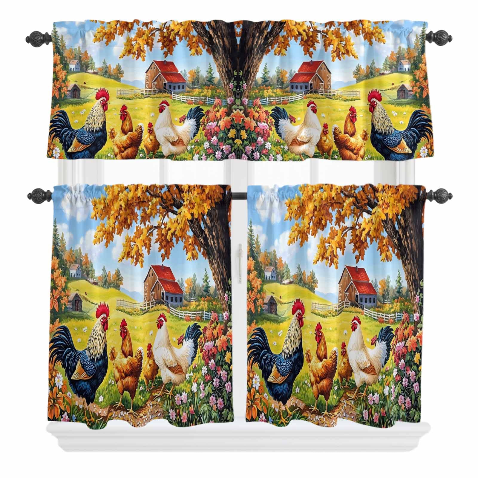 3 Piece Kitchen Curtains and Valances Set Vintage Rooster Cafe Curtains ...