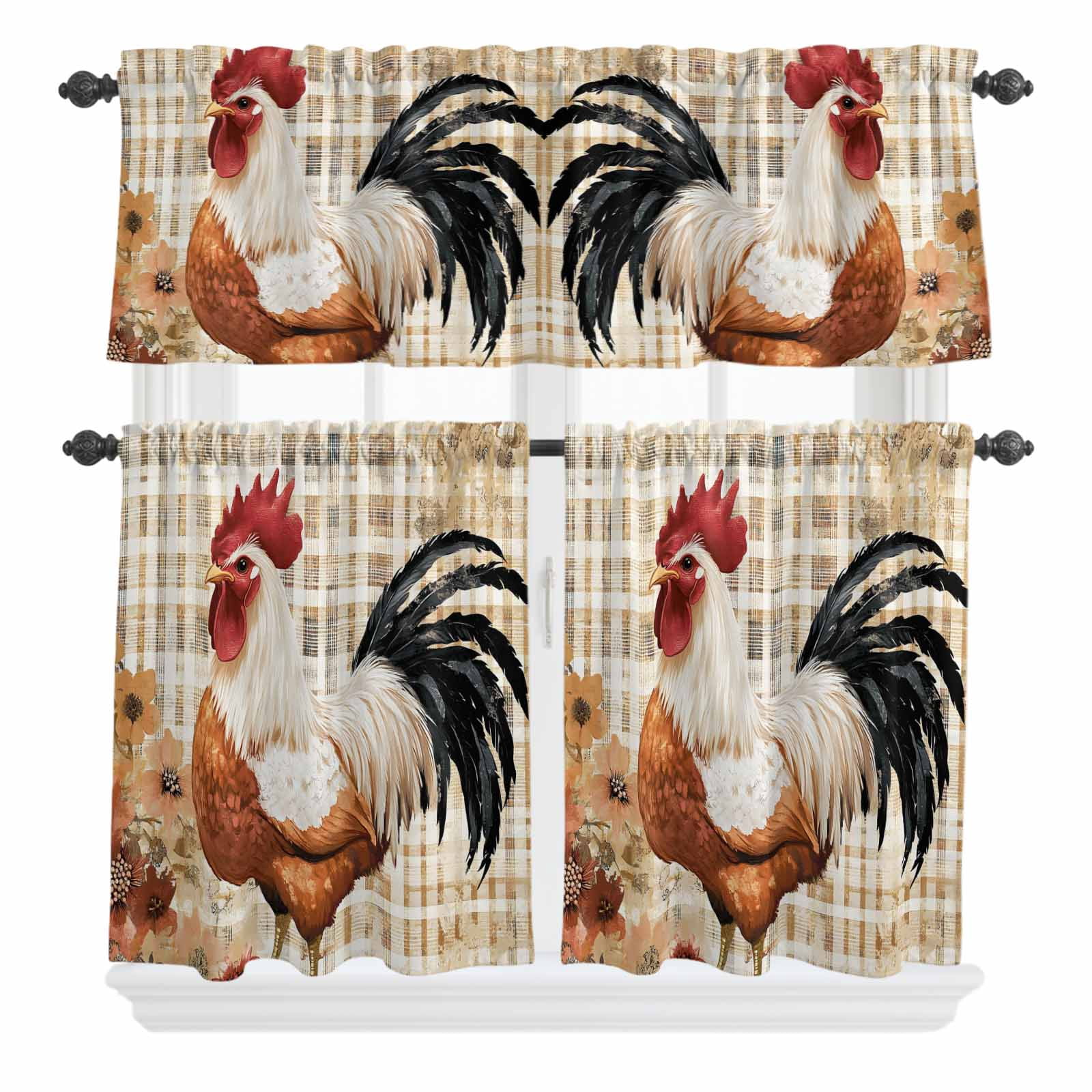 3 Piece Kitchen Curtains and Valances Set Vintage Rooster Cafe Curtains ...