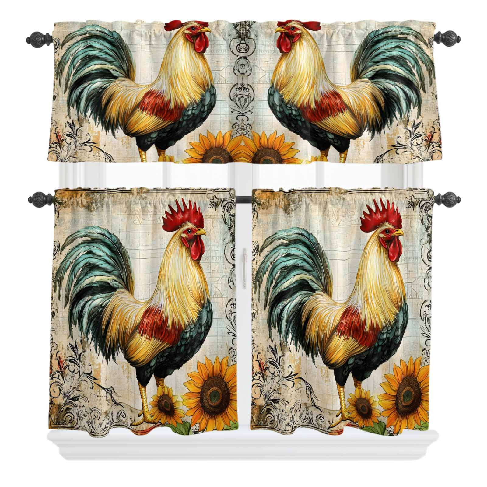 3 Piece Kitchen Curtains and Valances Set Vintage Rooster Cafe Curtains ...