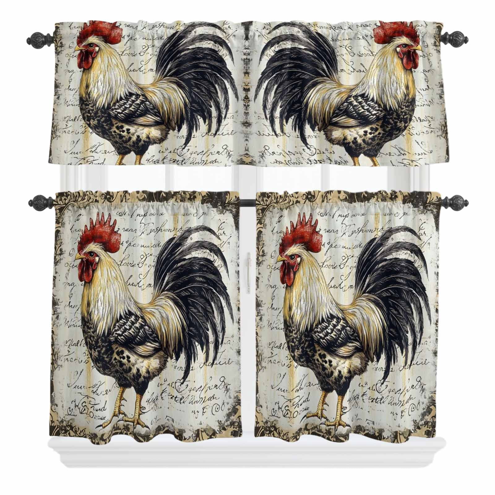3 Piece Kitchen Curtains and Valances Set Vintage Rooster Cafe Curtains ...