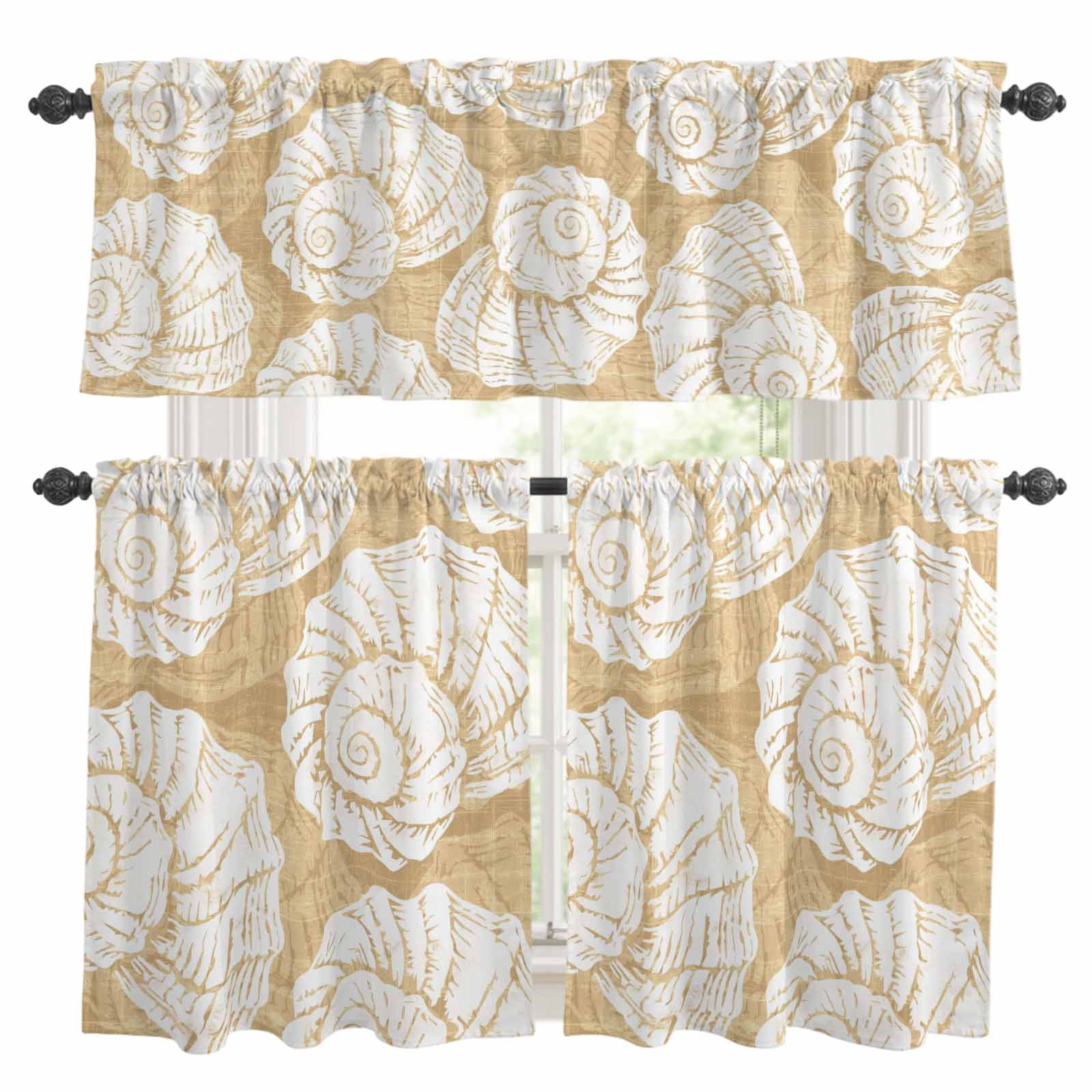 3 Piece Kitchen Curtains and Valances Set Vintage Shell Brown Cafe ...