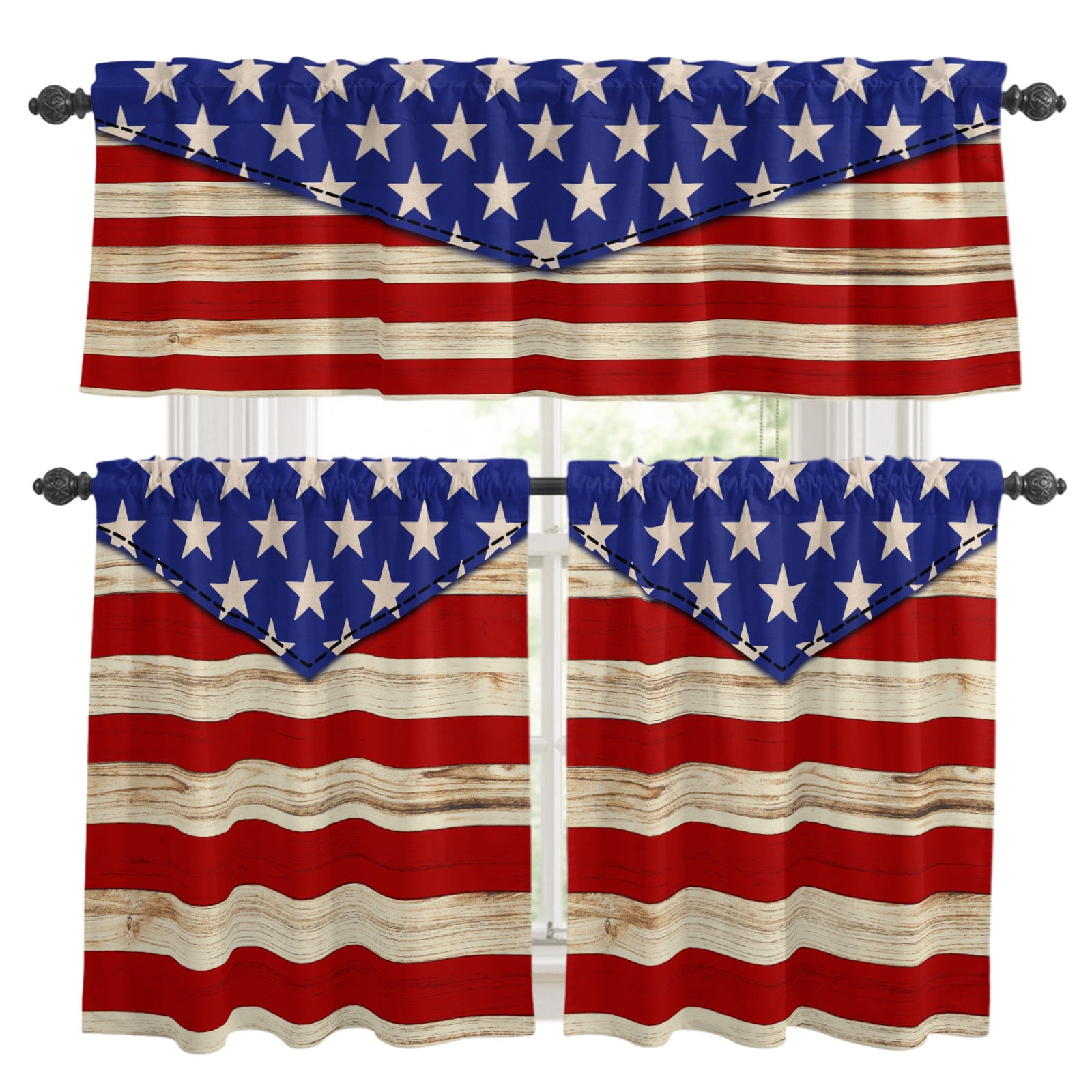 3 Piece Kitchen Curtains and Valances Set Vintage Star Stripes Flag ...