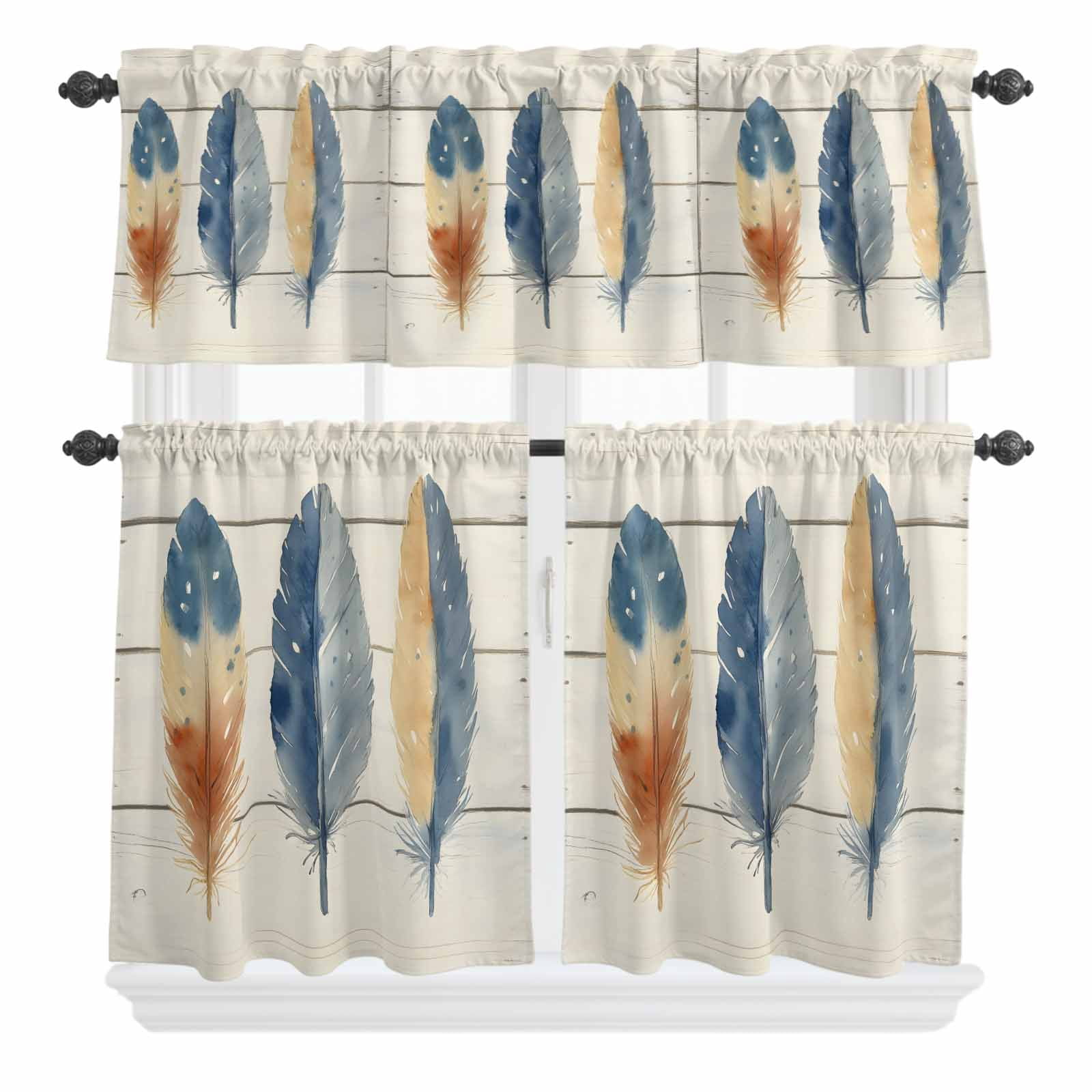 3 Piece Kitchen Curtains and Valances Set Watercolor Feather Cafe ...