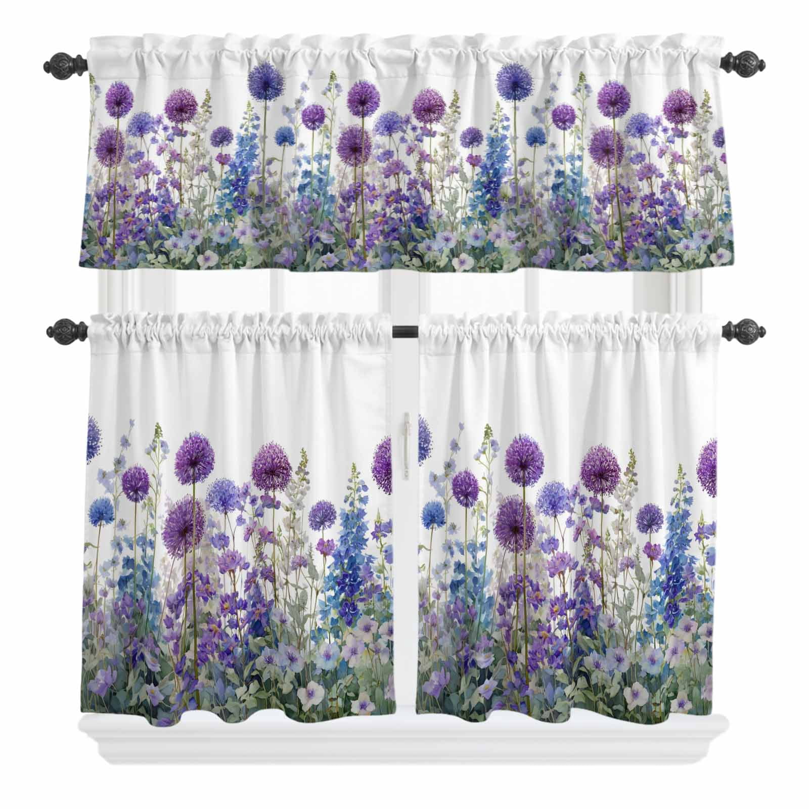 3 Piece Kitchen Curtains and Valances Set Watercolor Floral Cafe ...
