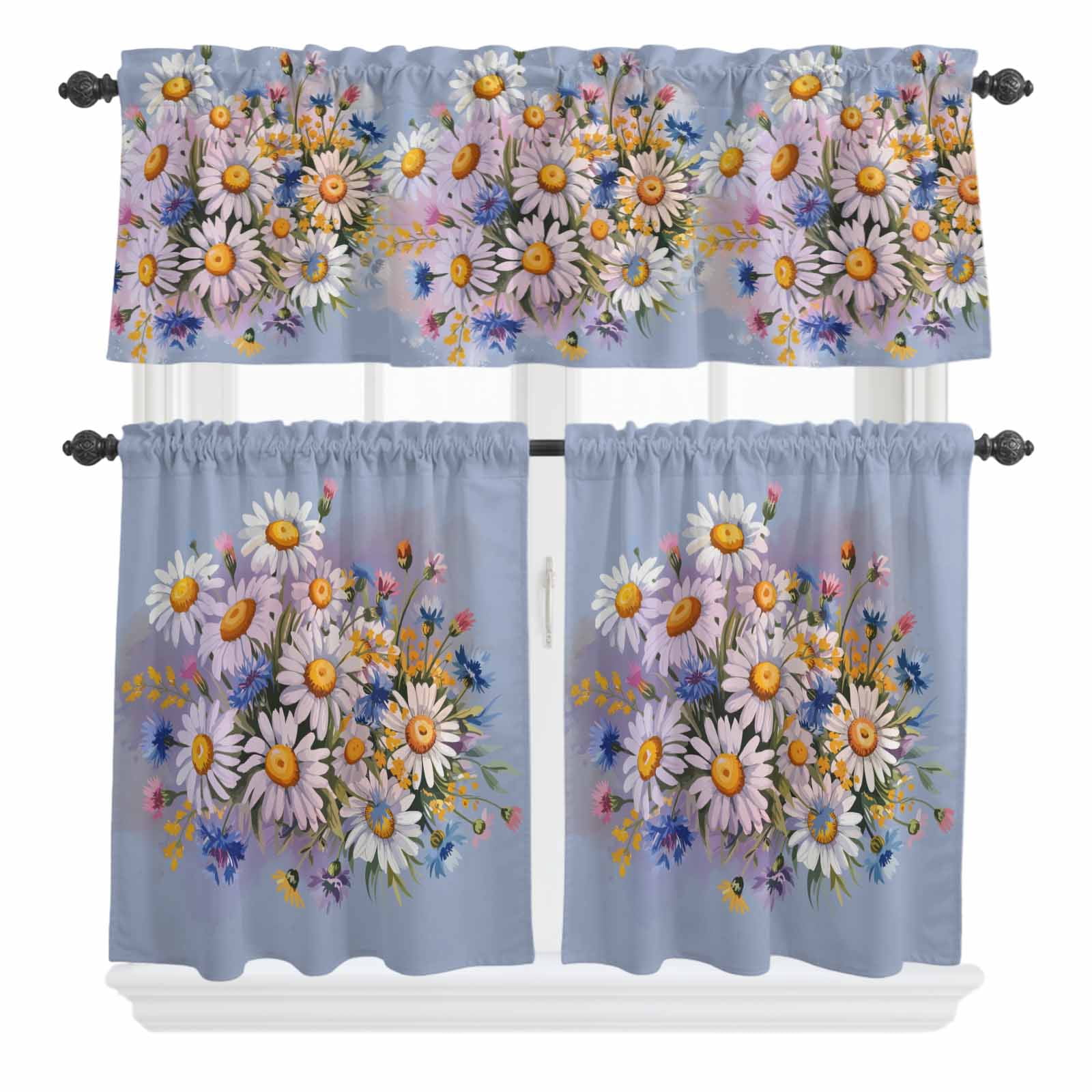 3 Piece Kitchen Curtains and Valances Set Watercolor Flowers Cafe ...