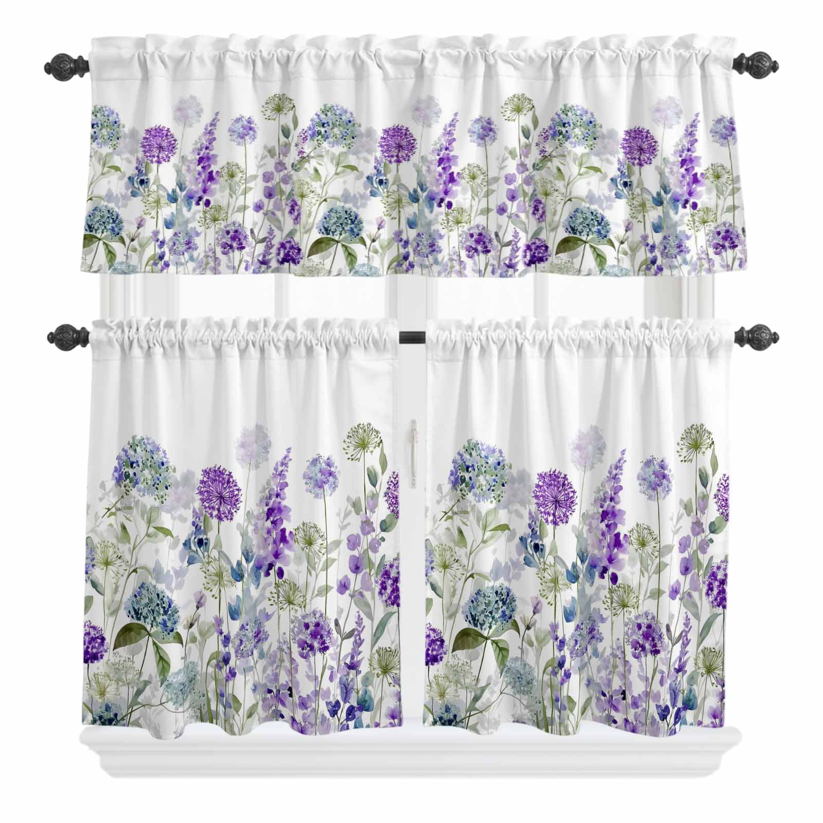 3 Piece Kitchen Curtains and Valances Set Watercolor Flowers Cafe ...