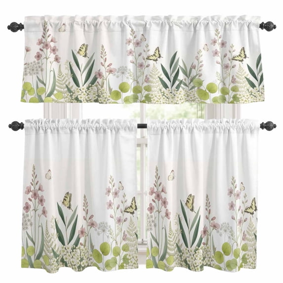 3 Piece Kitchen Curtains and Valances Set Watercolor Flowers Cafe ...