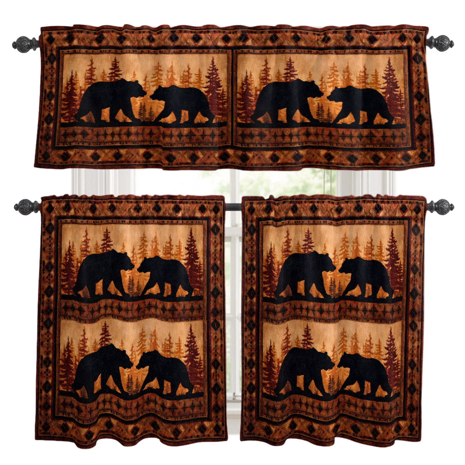 3 Piece Kitchen Curtains and Valances Set Western Bears Cafe Curtains ...