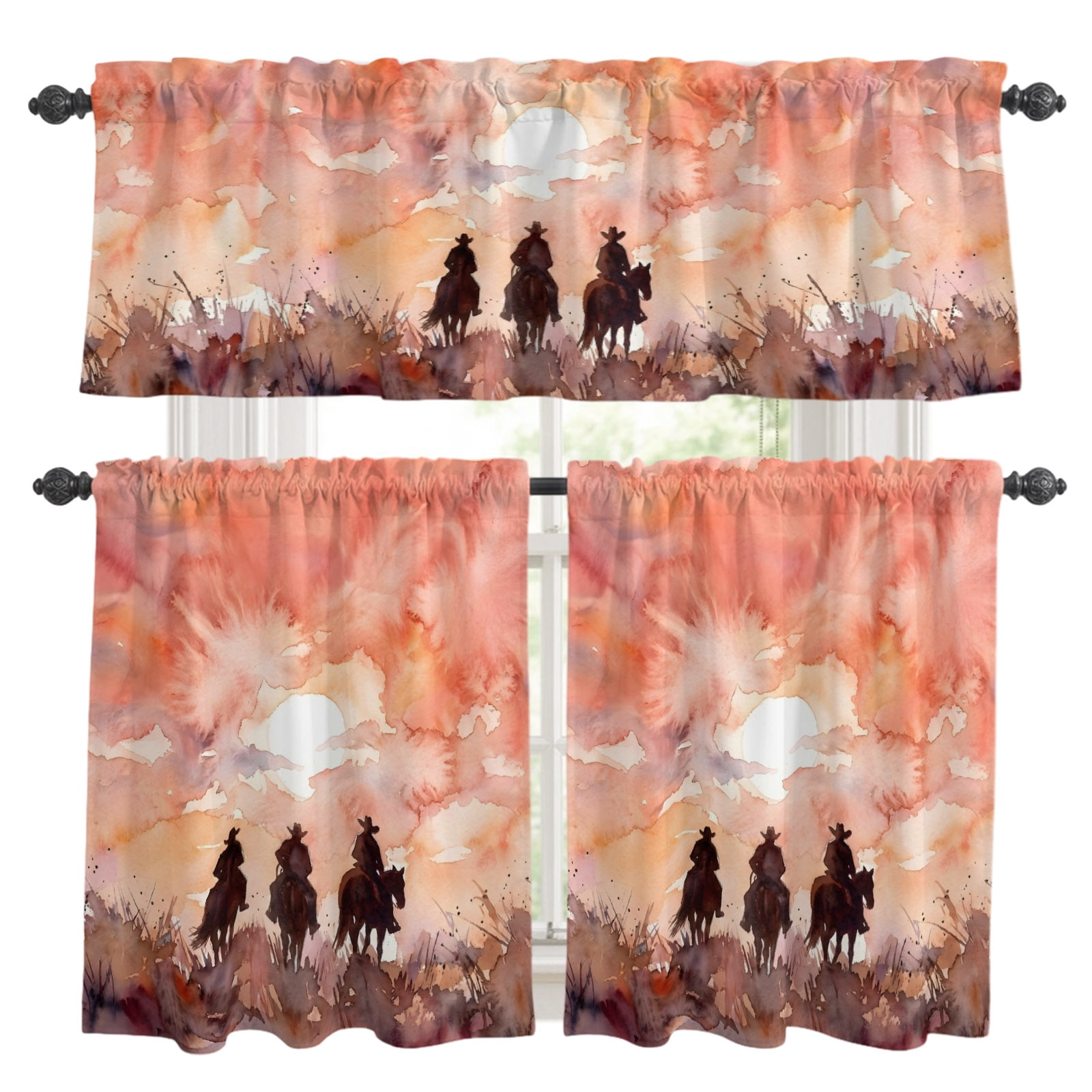 3 Piece Kitchen Curtains and Valances Set Western Cowboys Cafe Curtains ...