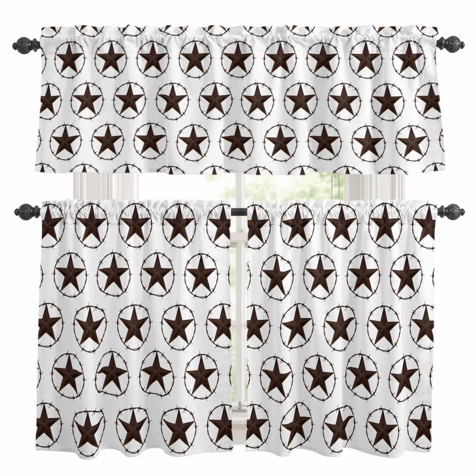 3 Piece Kitchen Curtains and Valances Set Western Star Brown Cafe ...