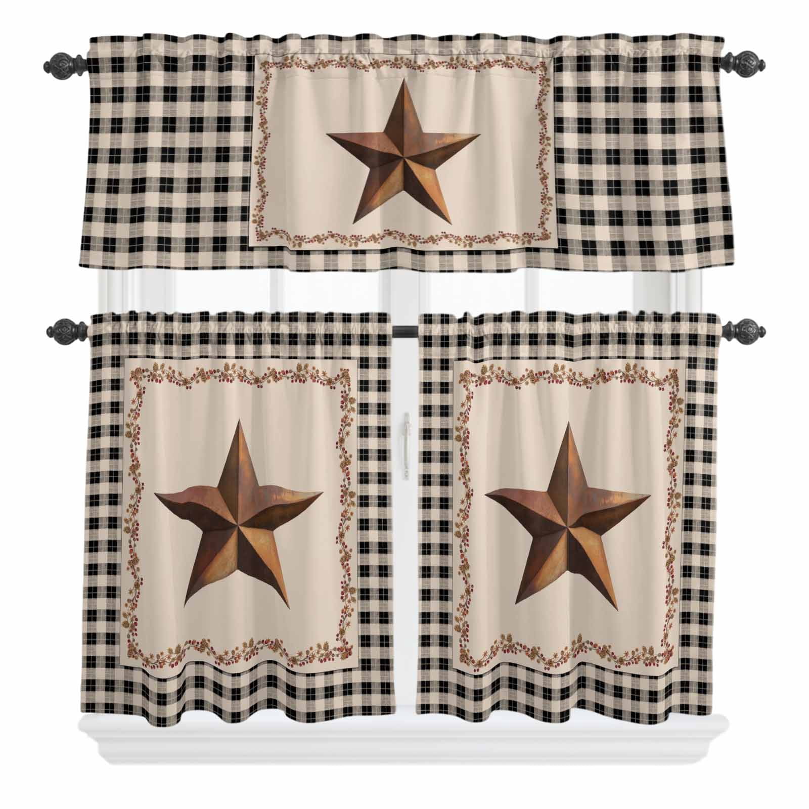 3 Piece Kitchen Curtains and Valances Set Western Texas Star Retro Cafe ...