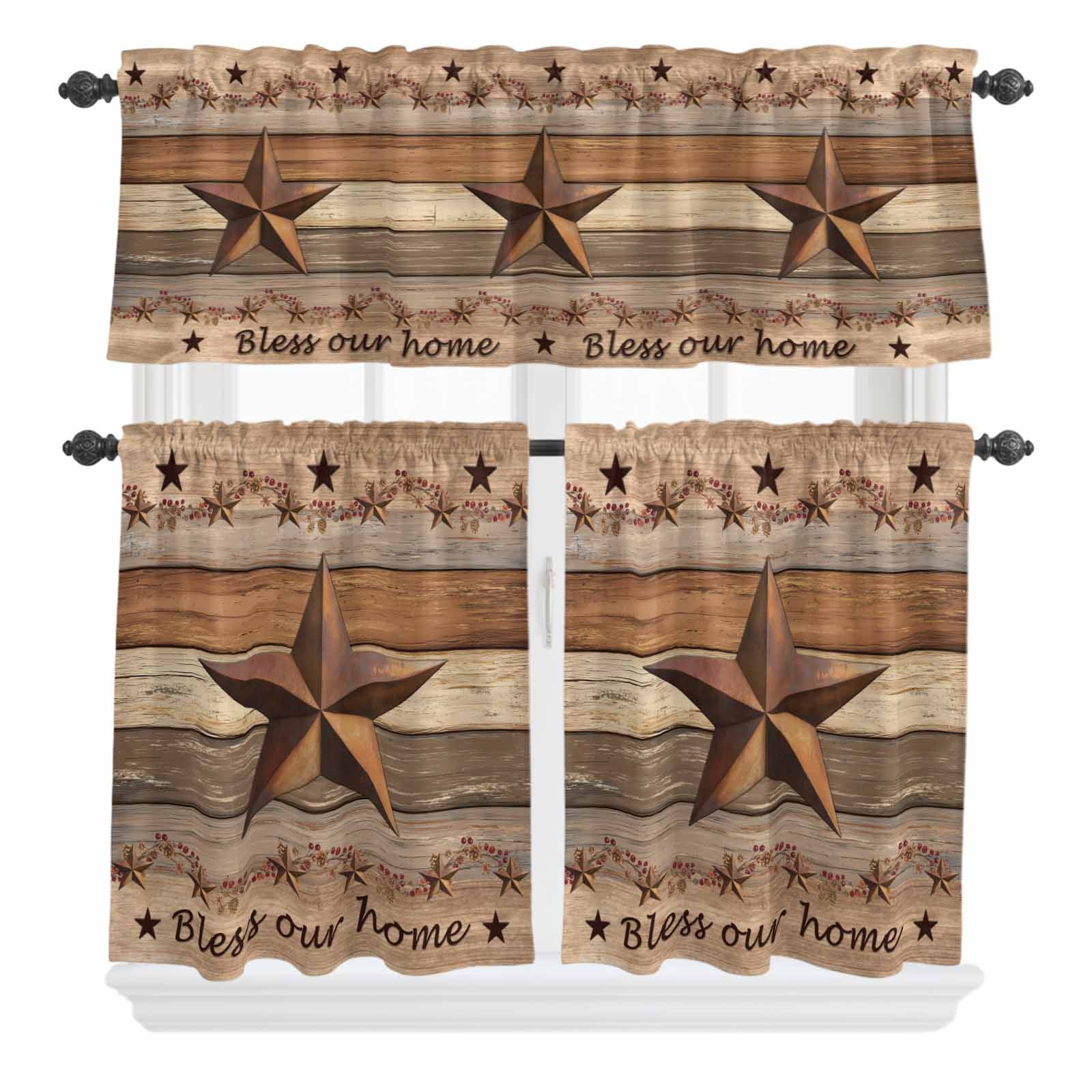 3 Piece Kitchen Curtains and Valances Set Western Texas Star Retro Cafe ...